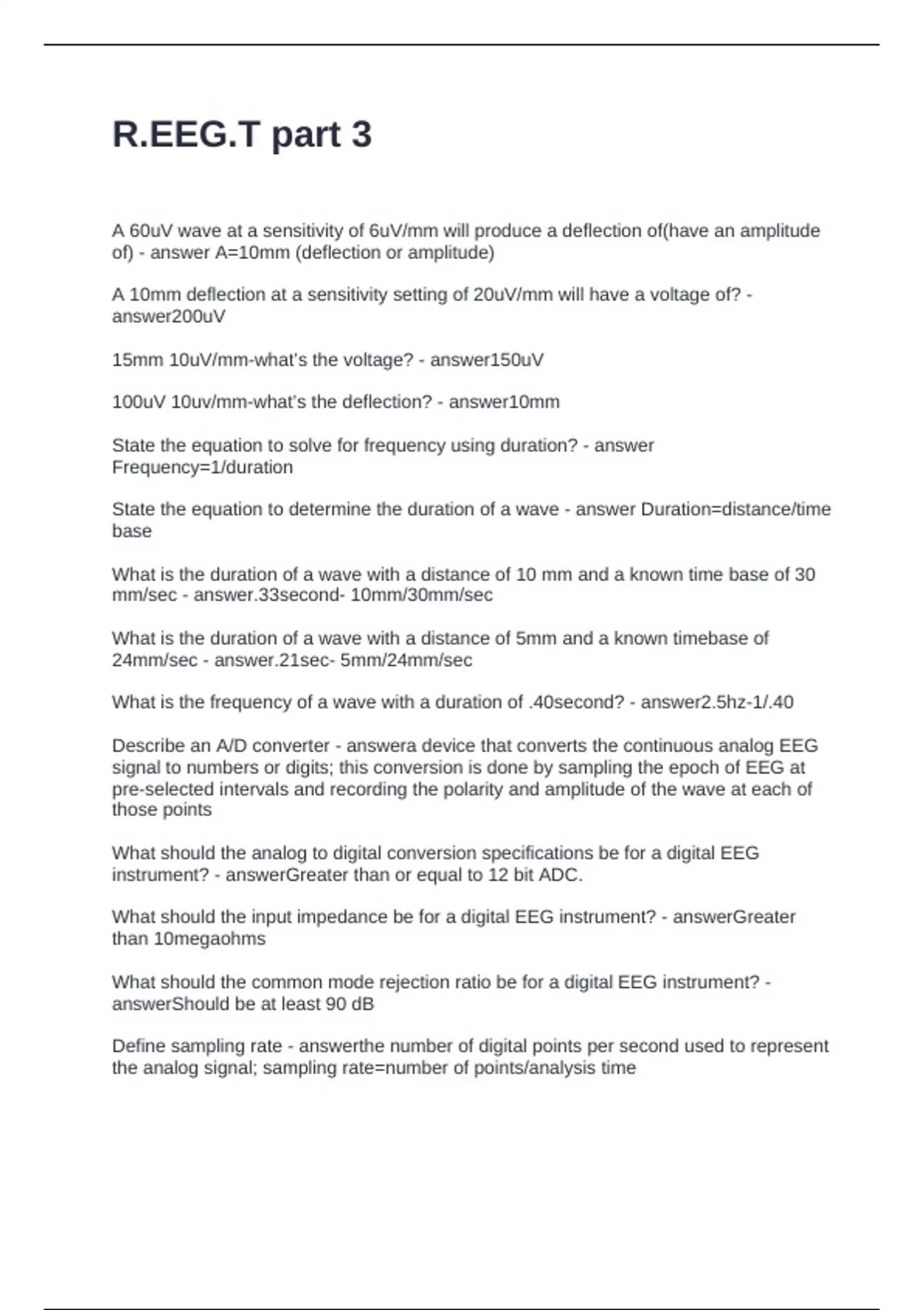 R.EEG.T part 3 Questions and Answers 100% Correct - R.EEG.T - Stuvia US