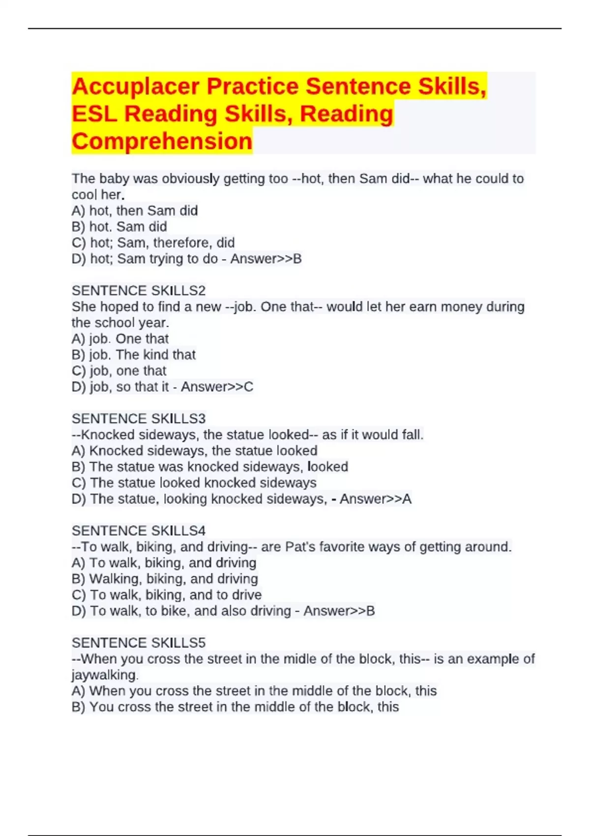 Accuplacer Practice Sentence Skills, ESL Reading Skills, Reading ...