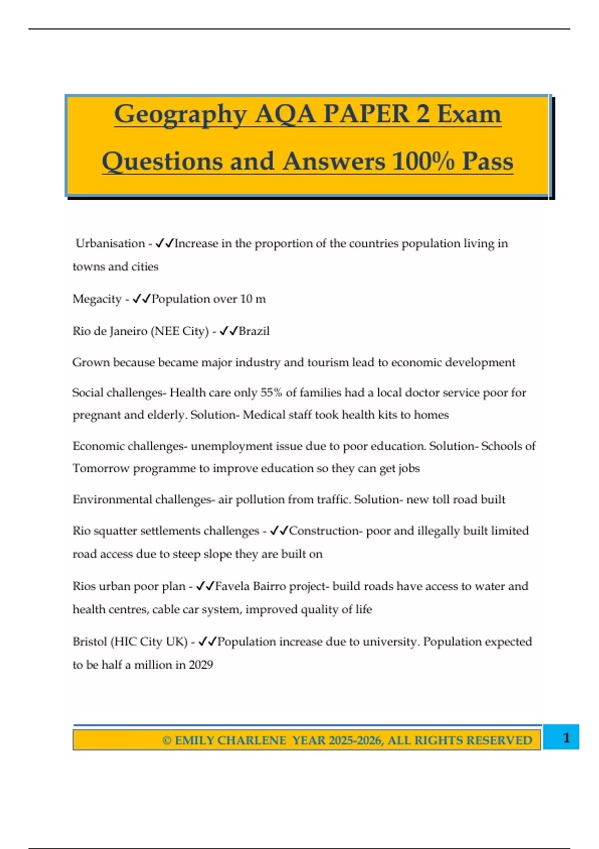 Geography AQA PAPER 2 Exam Questions and Answers 100% Pass - GCSE AQA ...