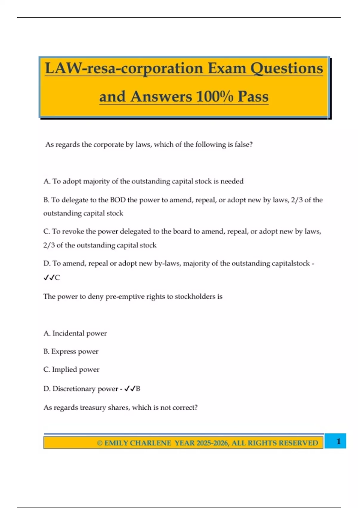 LAW-resa-corporation Exam Questions and Answers 100% Pass - RESA LAW ...
