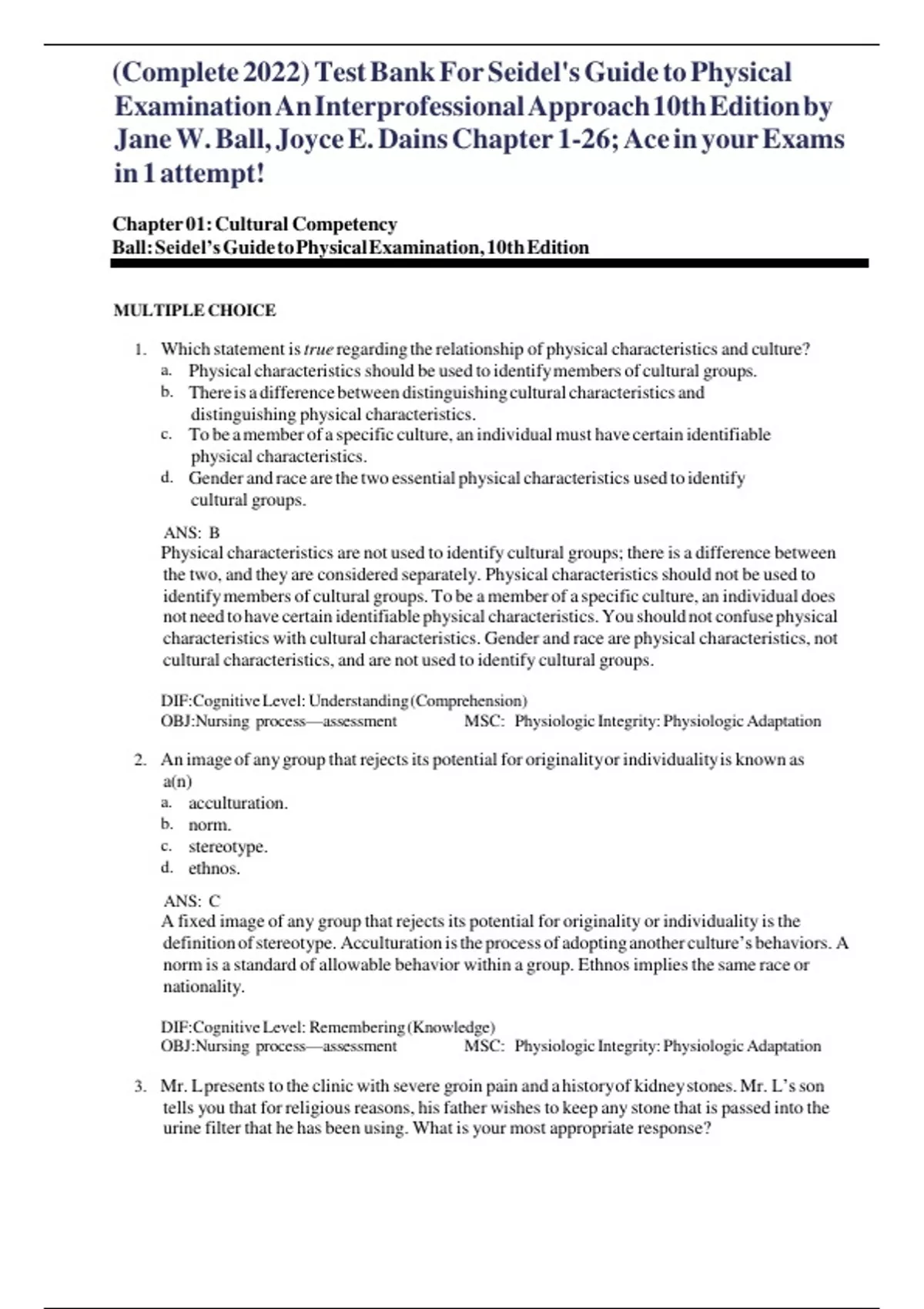 Test Bank For Seidel's Guide to Physical Examination An ...