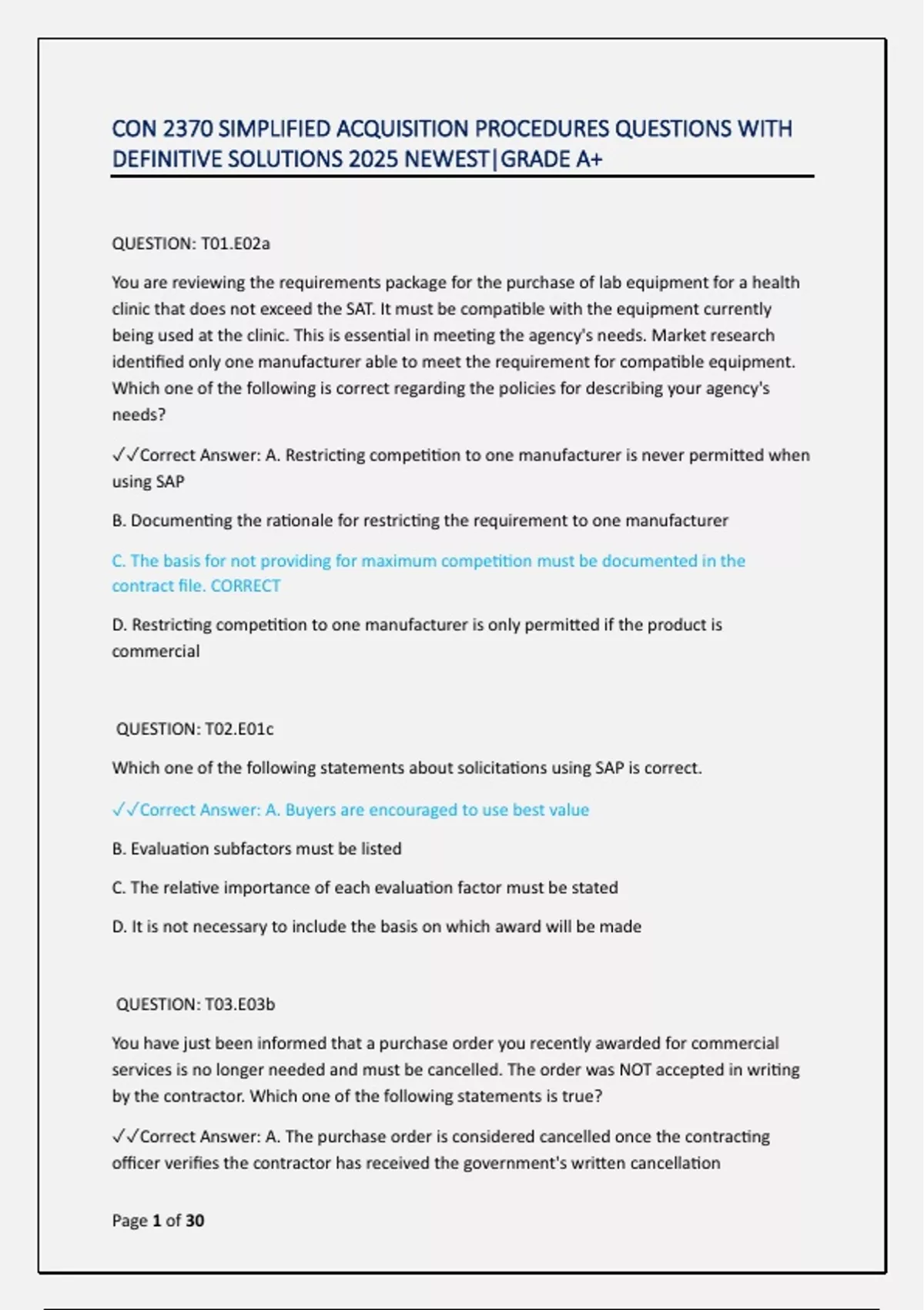 CON 2370 SIMPLIFIED ACQUISITION PROCEDURES QUESTIONS WITH DEFINITIVE ...