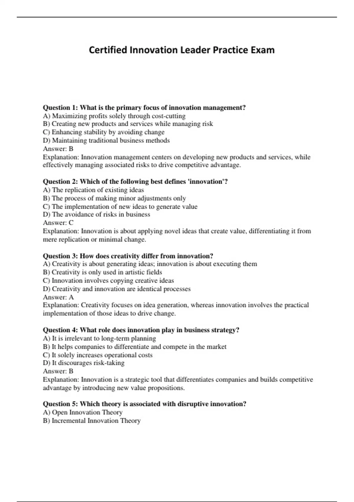 Certified Innovation Leader Practice Exam - Computers - Stuvia US