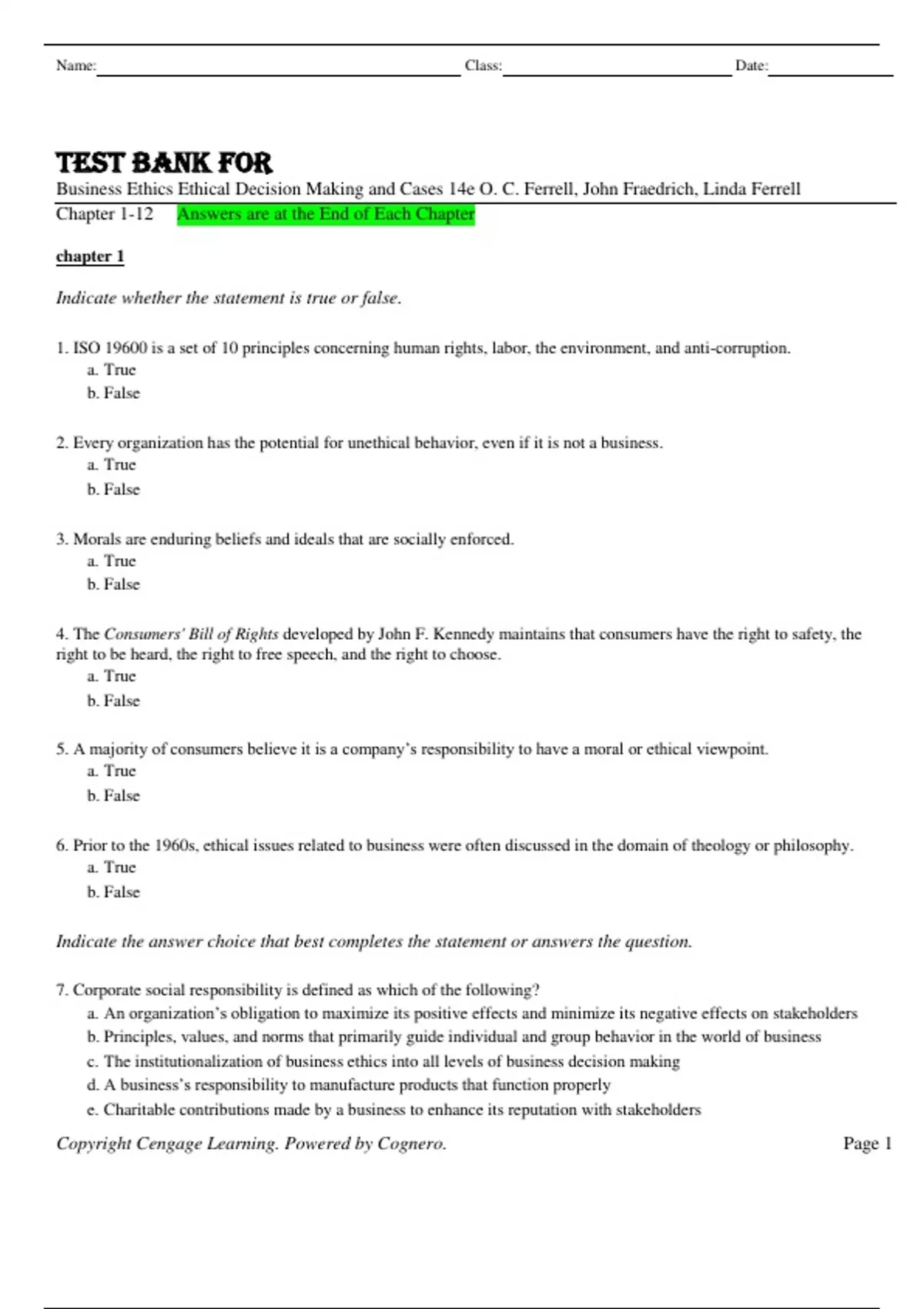 Test Bank for Business Ethics Ethical Decision Making and Cases 14th ...