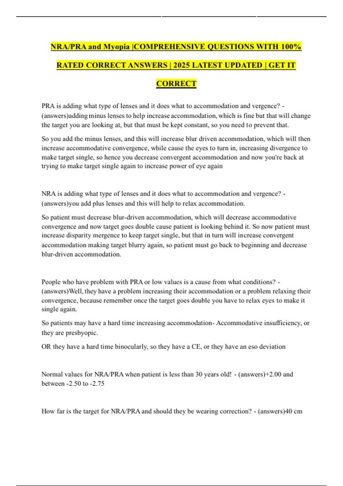 NRA/PRA and Myopia |COMPREHENSIVE QUESTIONS WITH 100% RATED CORRECT ...