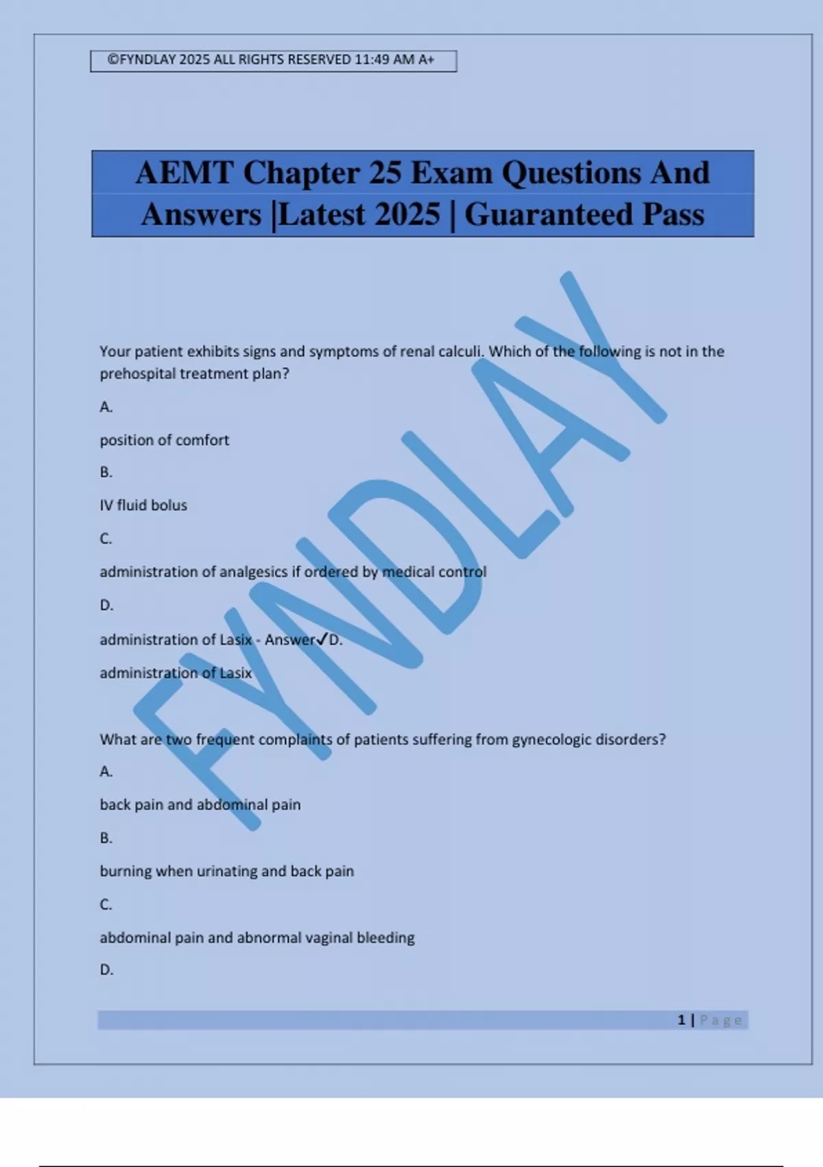 AEMT Chapter 25 Exam Questions And Answers |Latest 2025 | Guaranteed ...