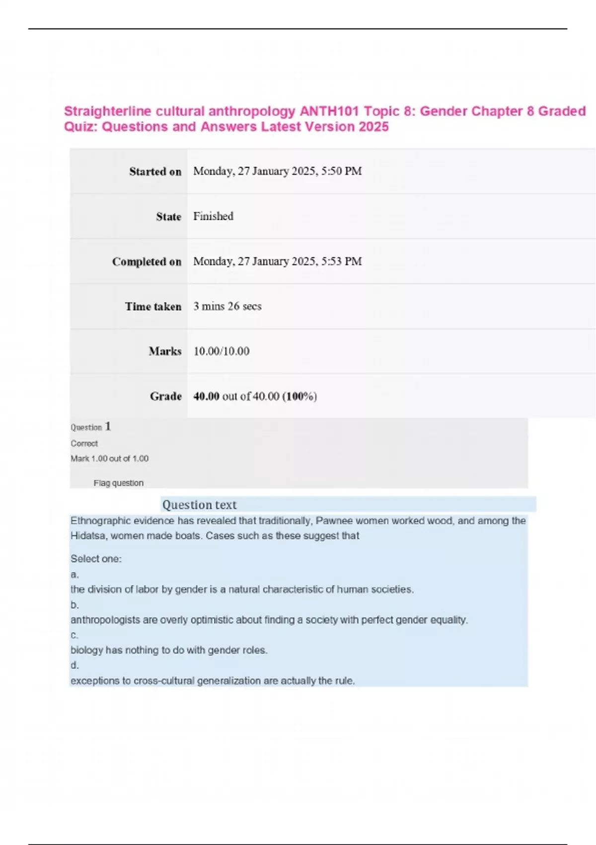 Straighterline cultural anthropology ANTH101 Topic 8: Gender Chapter 8 ...