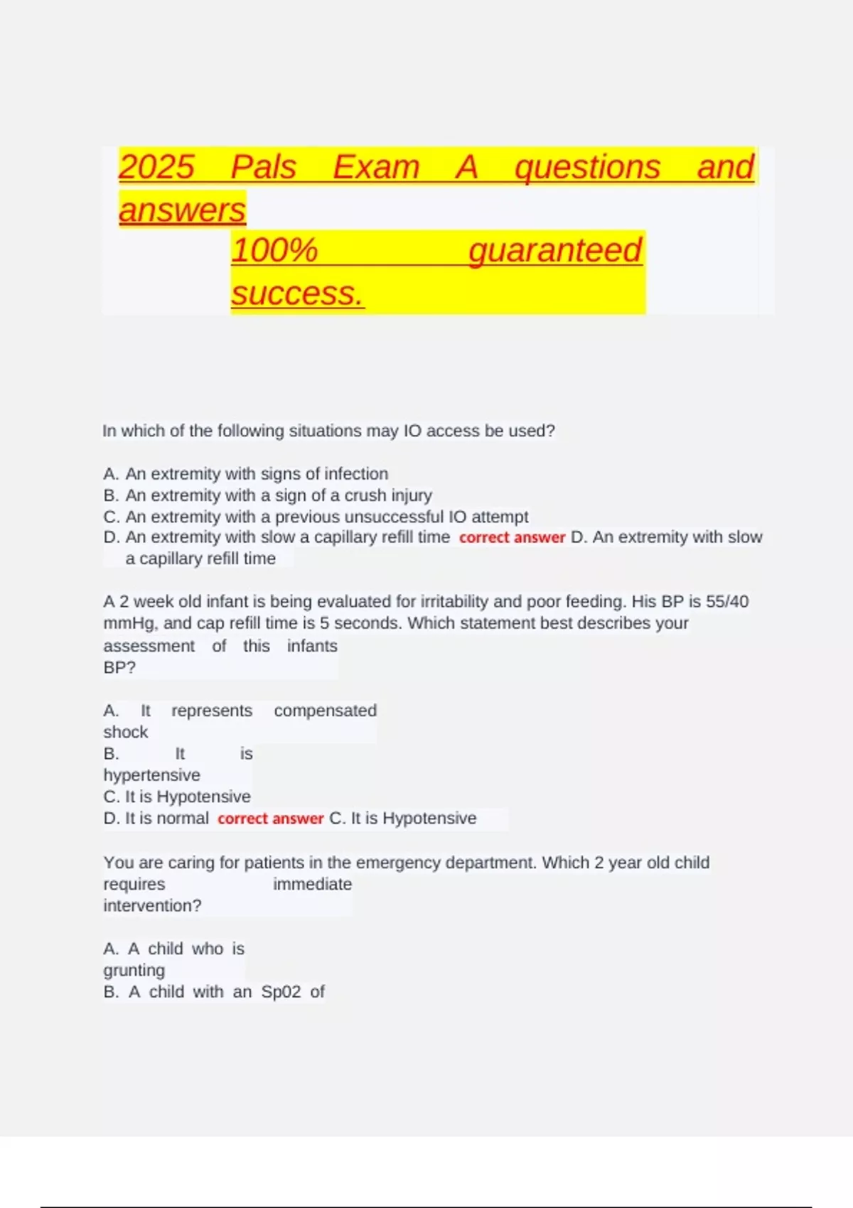 2025 Pals Exam A questions and answers 100% guaranteed success. - 2025 ...