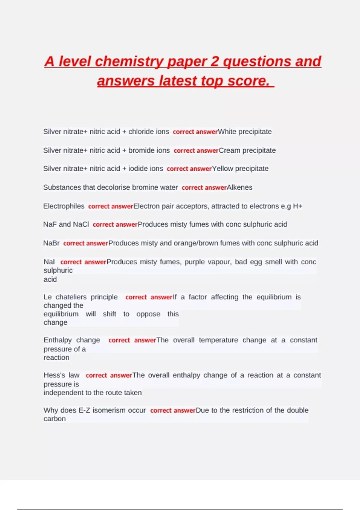 A level chemistry paper 2 questions and answers latest top score - A ...