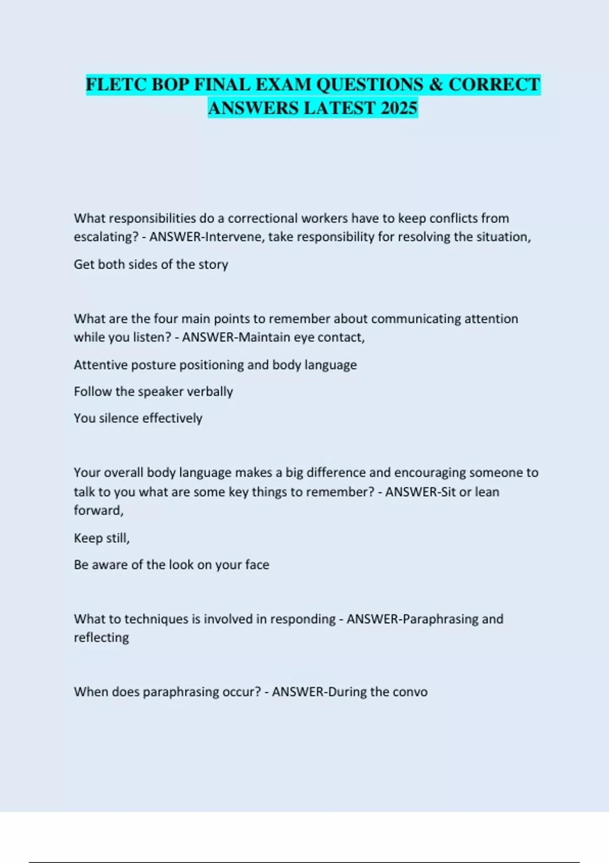 FLETC BOP FINAL EXAM QUESTIONS & CORRECT ANSWERS LATEST 2025 - FLETC ...