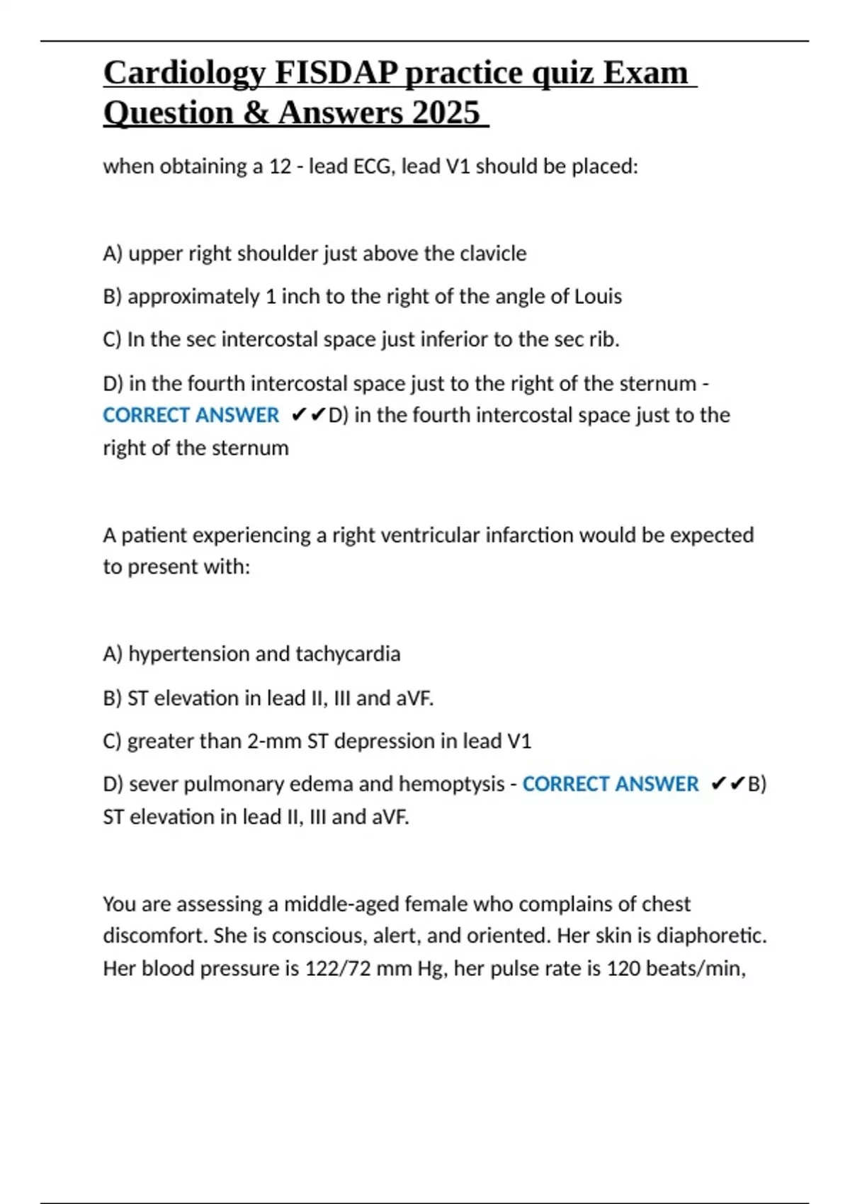 Cardiology FISDAP practice quiz Exam Question & Answers 2025.docx ...