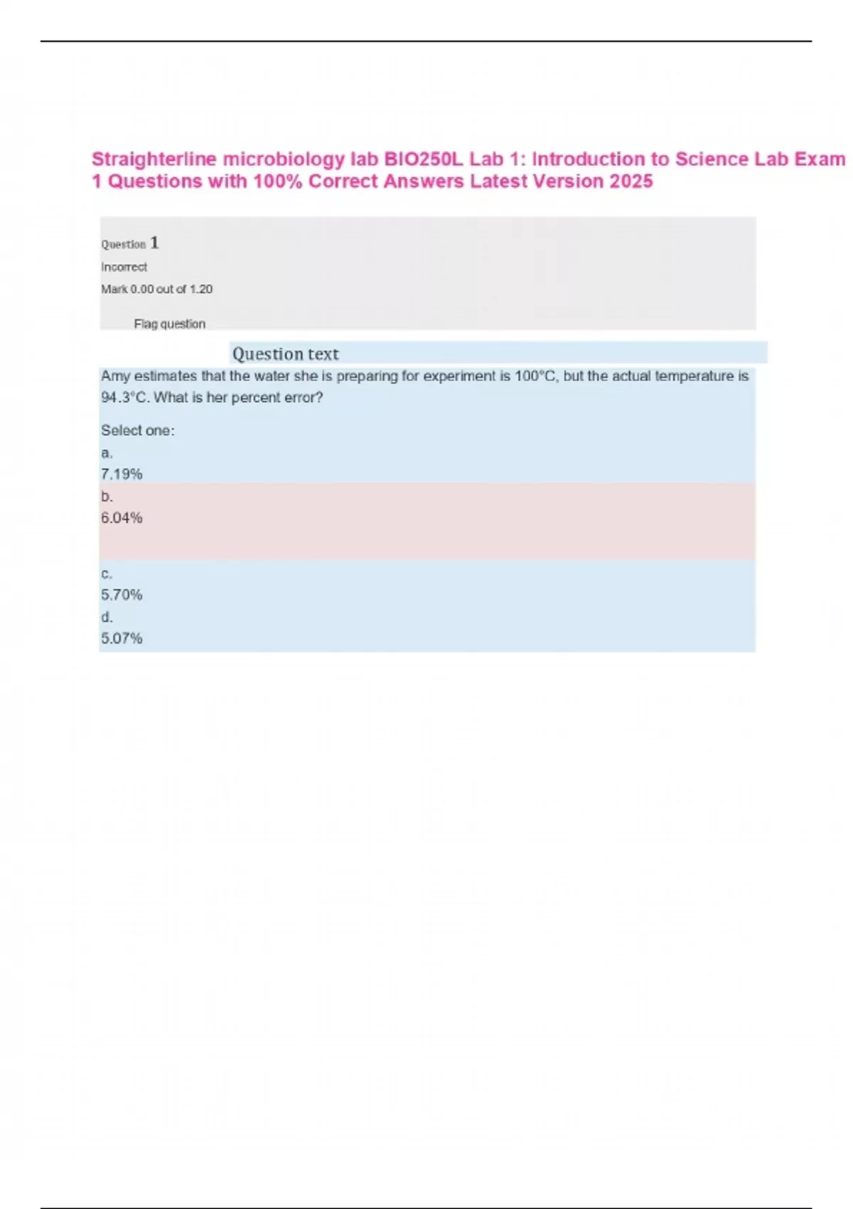 Straighterline microbiology lab BIO250L Lab 1: Introduction to Science Lab Exam 1 Questions with ...