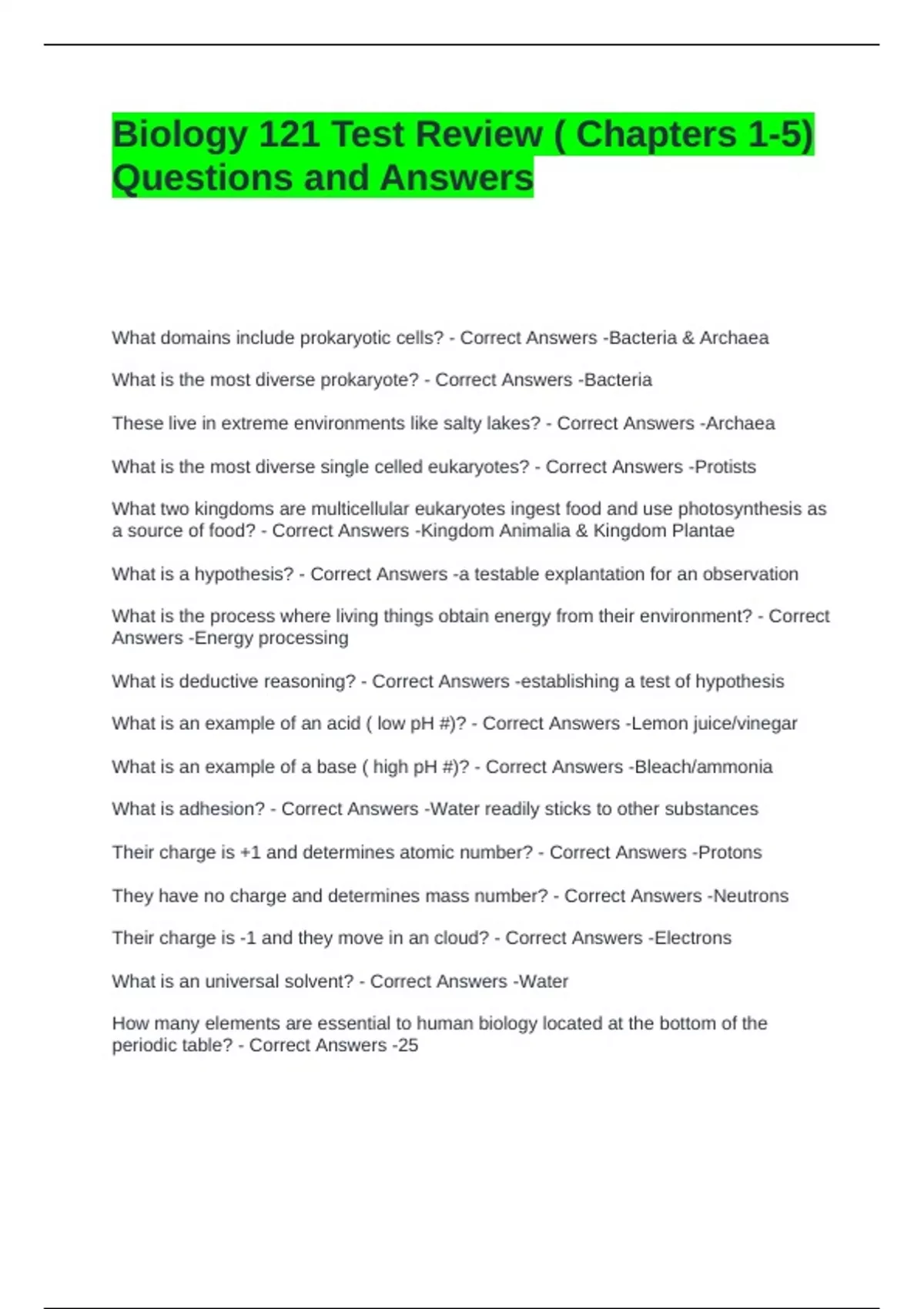 Biology 121 Test Review ( Chapters 1-5) Questions and Answers - Biology ...