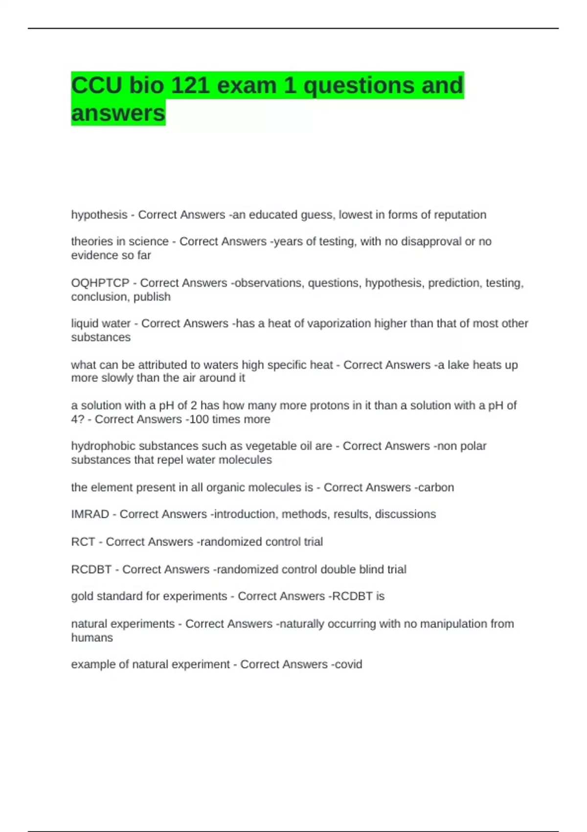 CCU bio 121 exam 1 questions and answers with accurate solutions ...