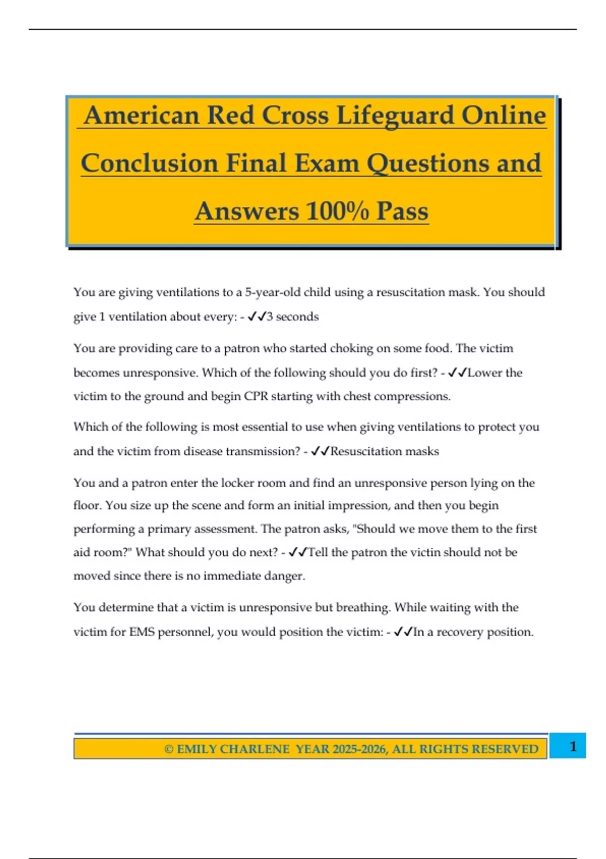 American Red Cross Lifeguard Online Conclusion Final Exam Questions and ...