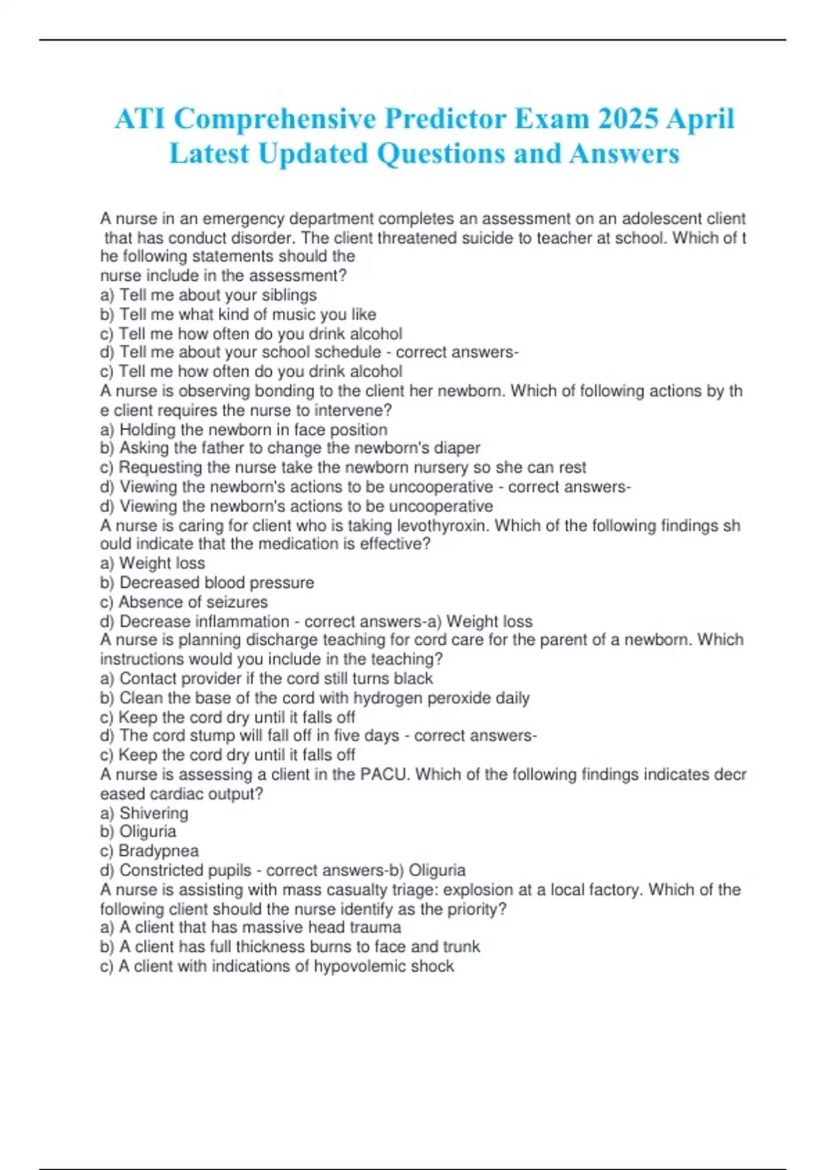 ATI Comprehensive Predictor Exam 2025 April Latest Updated Questions ...