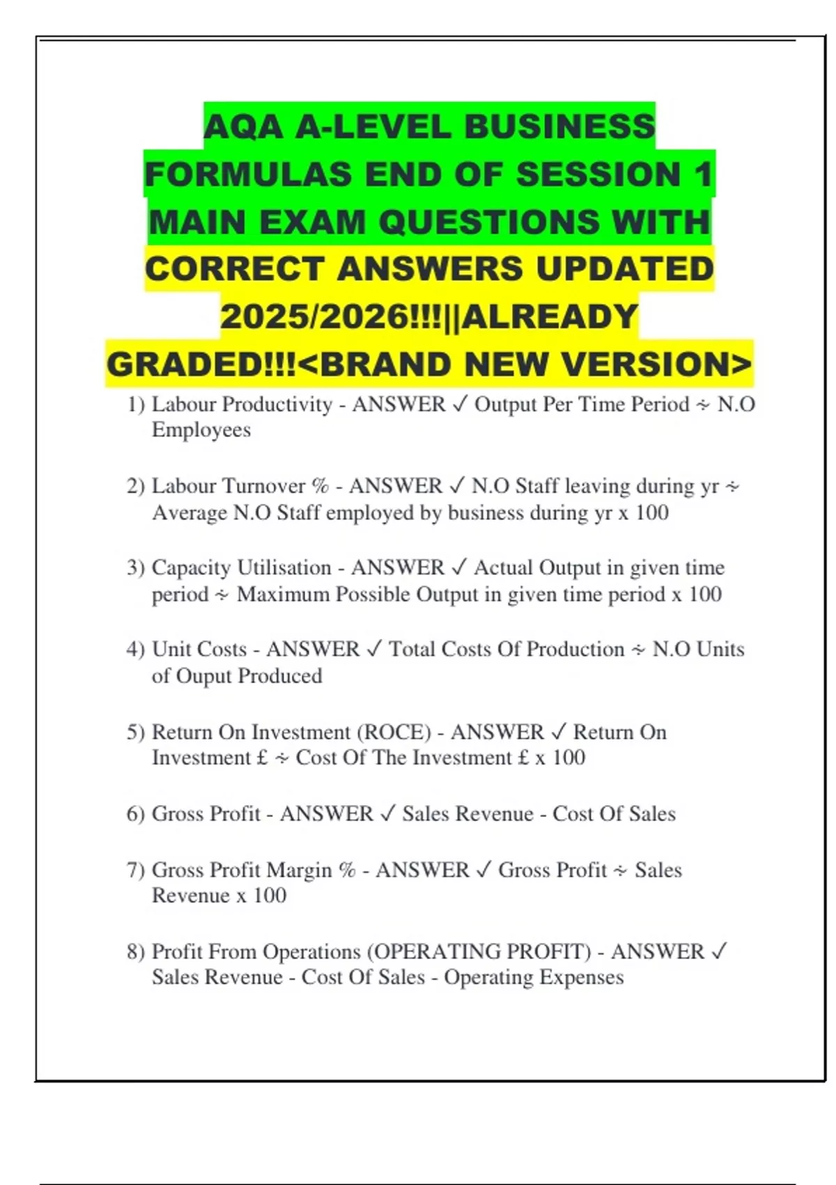 AQA A-LEVEL BUSINESS FORMULAS END OF SESSION 1 MAIN EXAM QUESTIONS WITH ...
