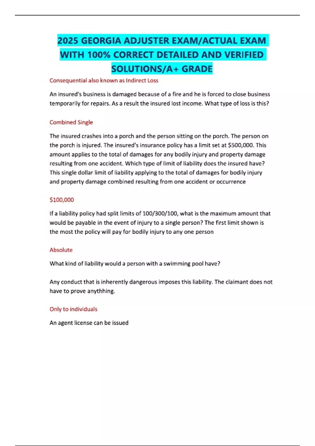 2025 GEORGIA ADJUSTER EXAM/ACTUAL EXAM WITH 100% CORRECT DETAILED AND ...