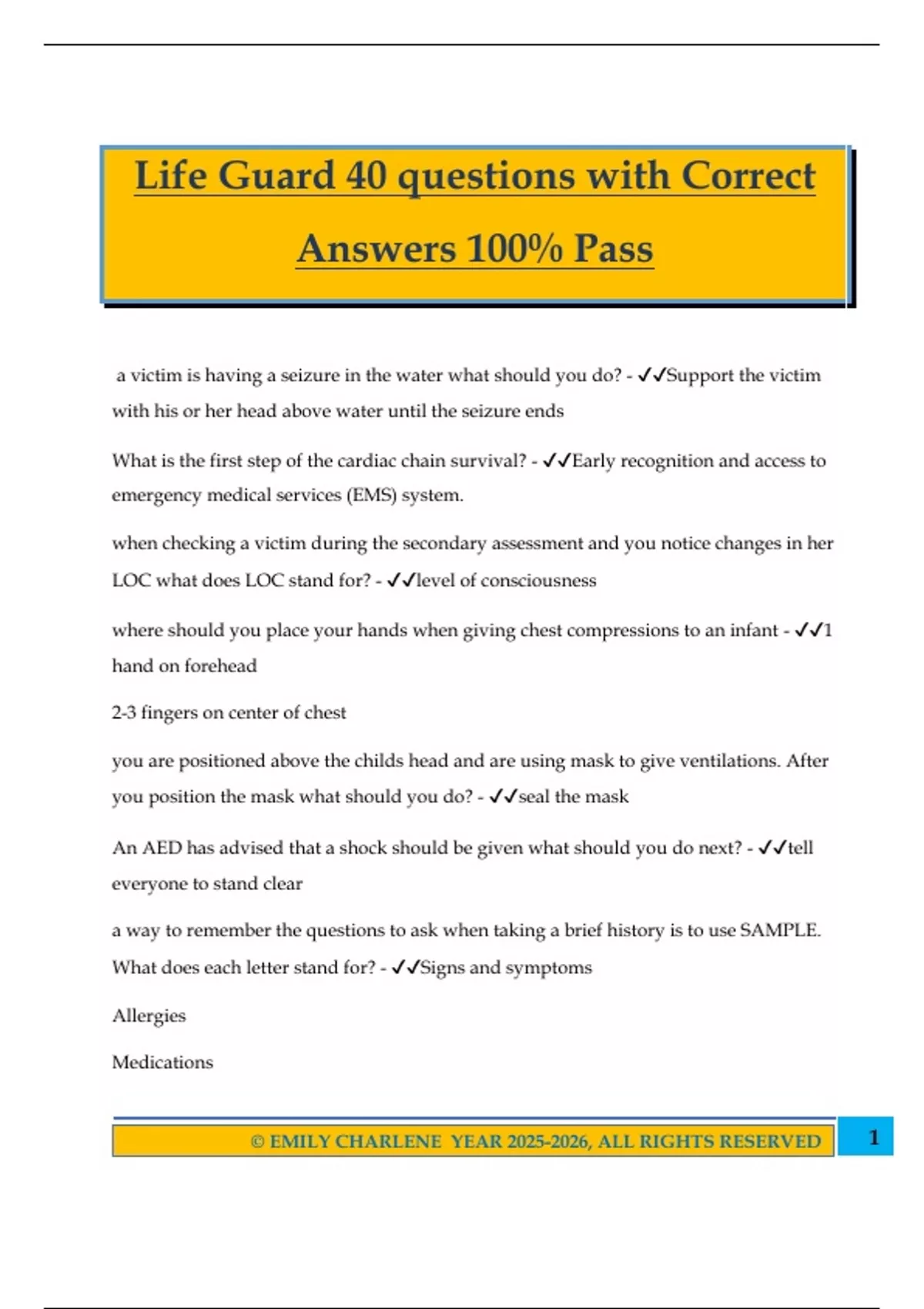 Life Guard 40 questions with Correct Answers 100% Pass - American Red ...