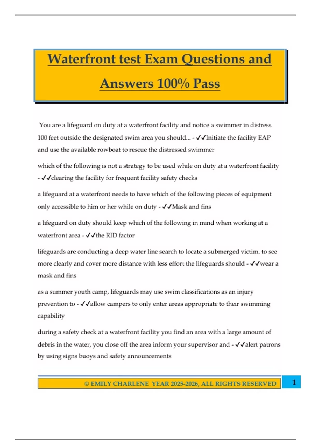 Waterfront test Exam Questions and Answers 100% Pass - American Red ...