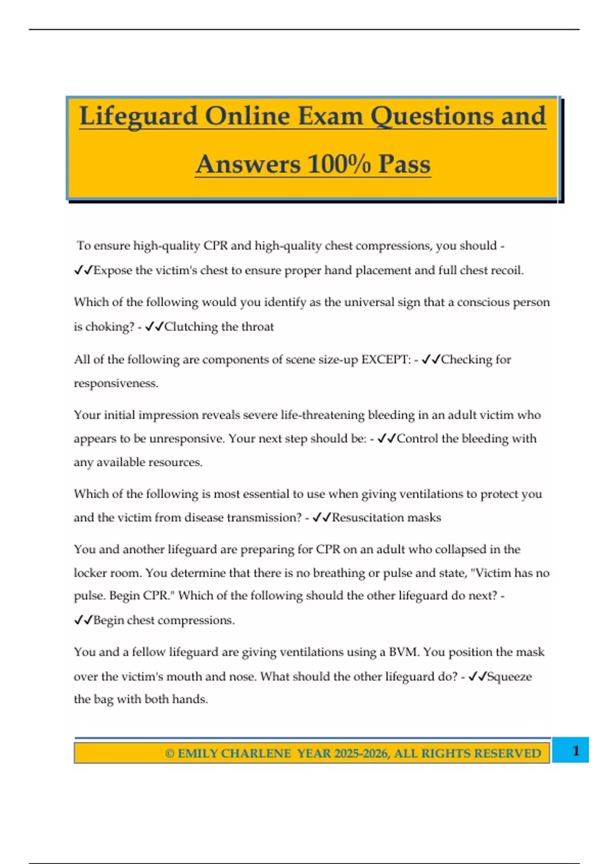 Lifeguard Online Exam Questions and Answers 100% Pass - American Red ...