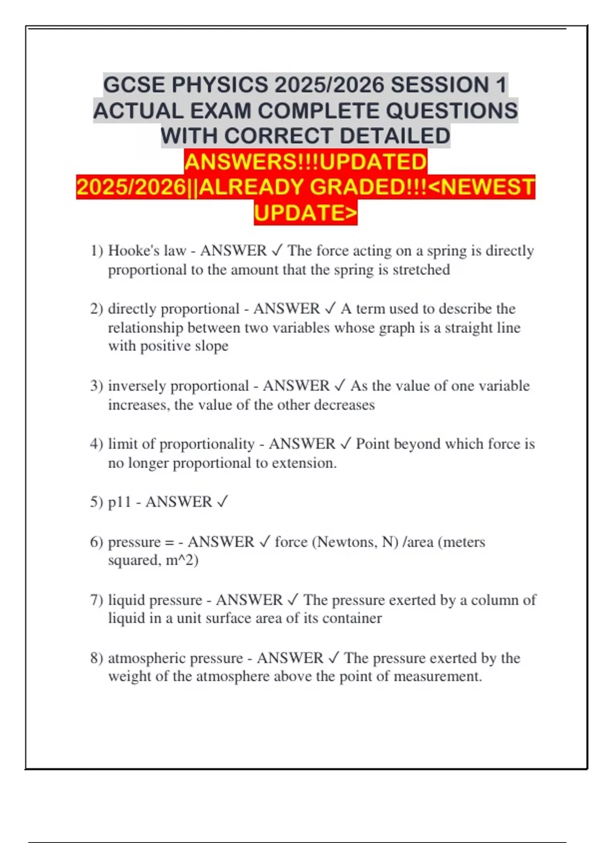 GCSE PHYSICS 2025/2026 SESSION 1 ACTUAL EXAM COMPLETE QUESTIONS WITH ...