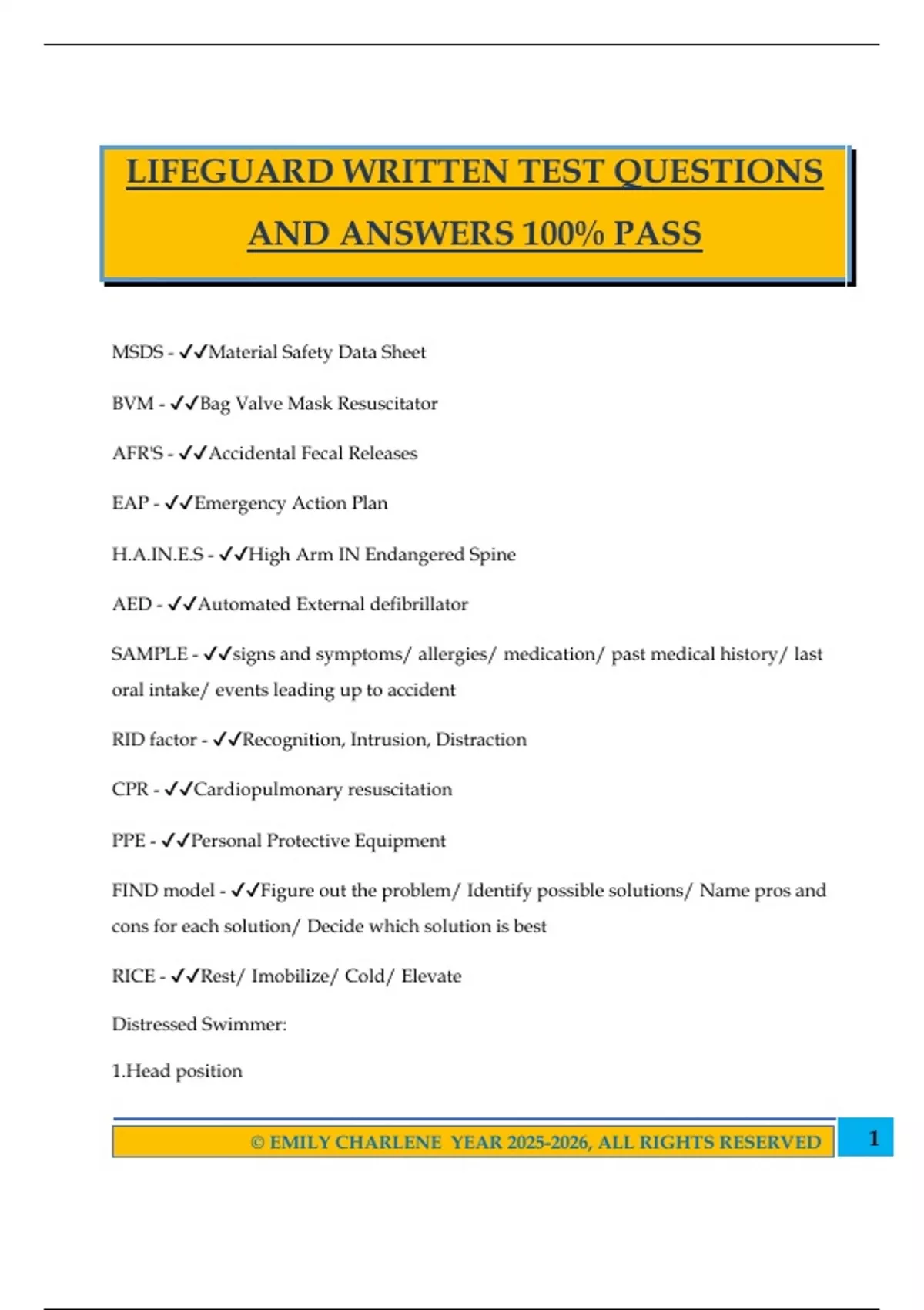 LIFEGUARD WRITTEN TEST QUESTIONS AND ANSWERS 100% PASS - American Red ...