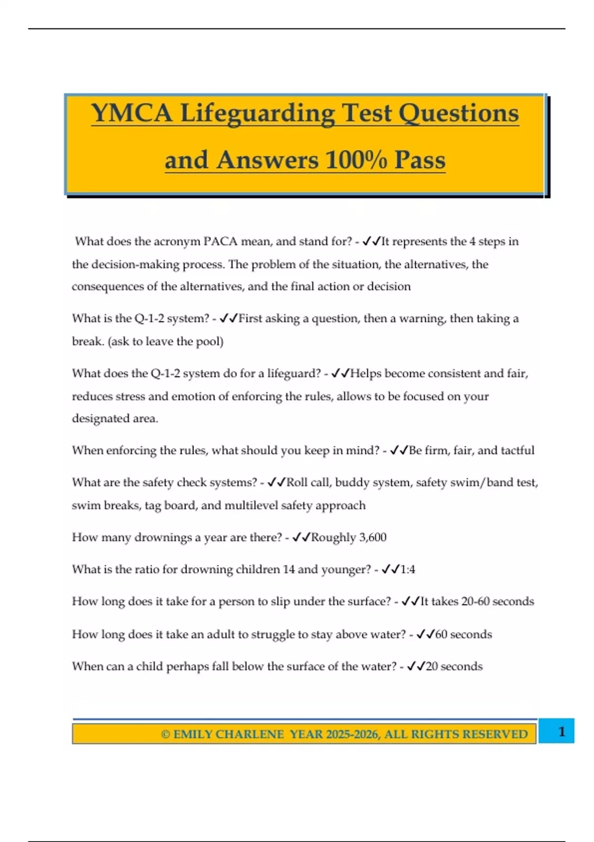 YMCA Lifeguarding Test Questions and Answers 100% Pass - American Red ...
