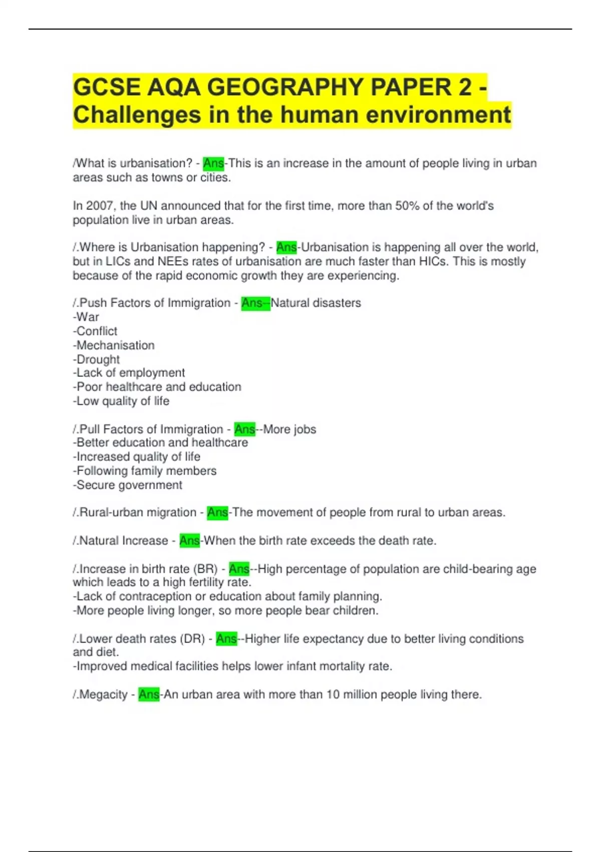 GCSE AQA GEOGRAPHY PAPER 2 - Challenges in the human environment - GCSE ...