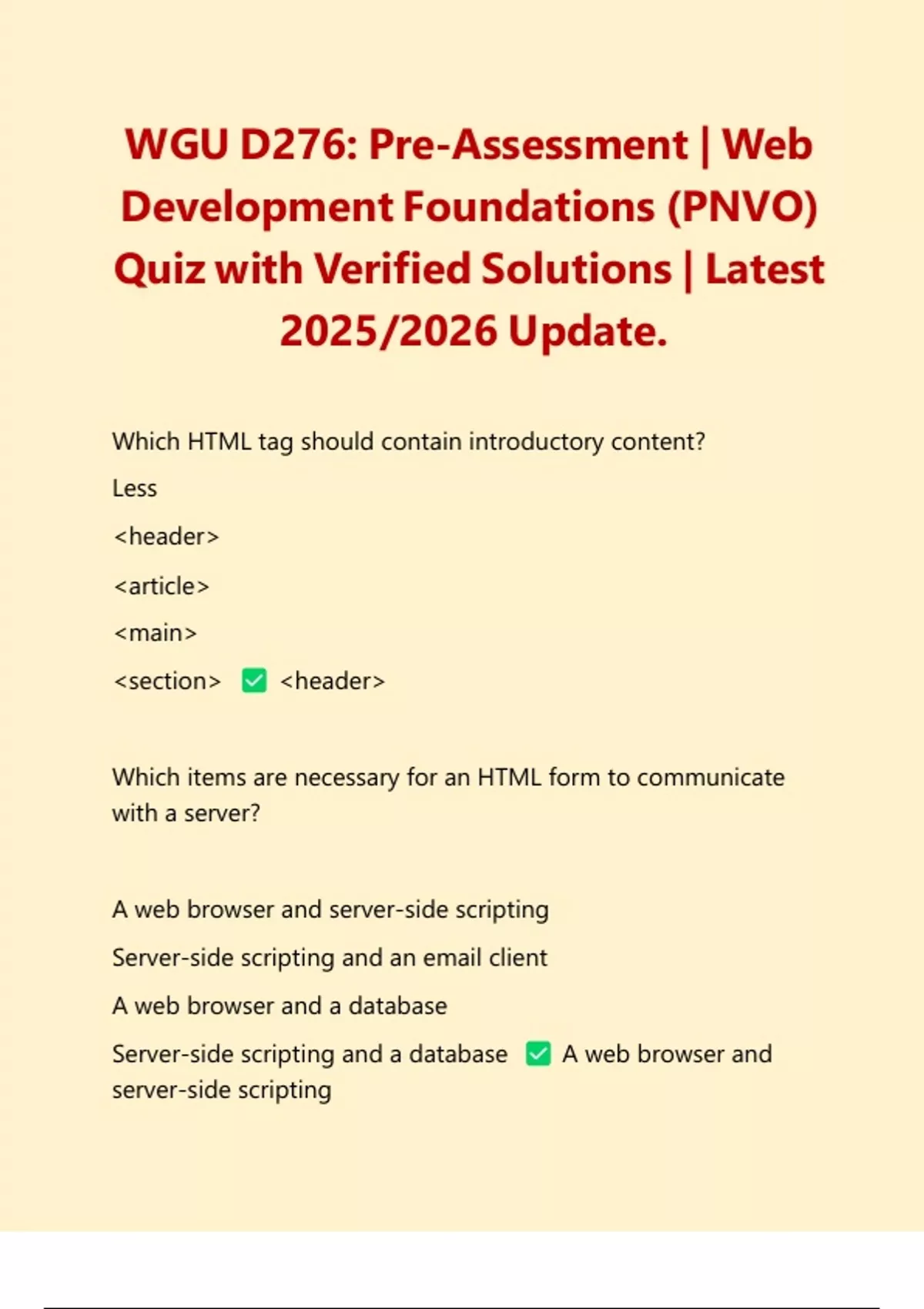 WGU D276: Pre-Assessment | Web Development Foundations (PNVO) Quiz with Verified Solutions ...
