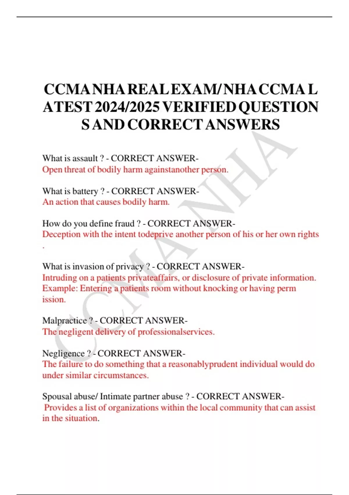 CCMA NHA EXAM TESTBANK LATEST 2025 ACTUAL TEST COMPLETE 350 COMPLETE ...