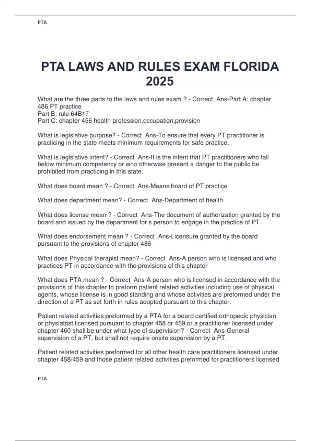 PTA LAWS AND RULES EXAM FLORIDA 2025 - PTA LAWS AND RULES - Stuvia US