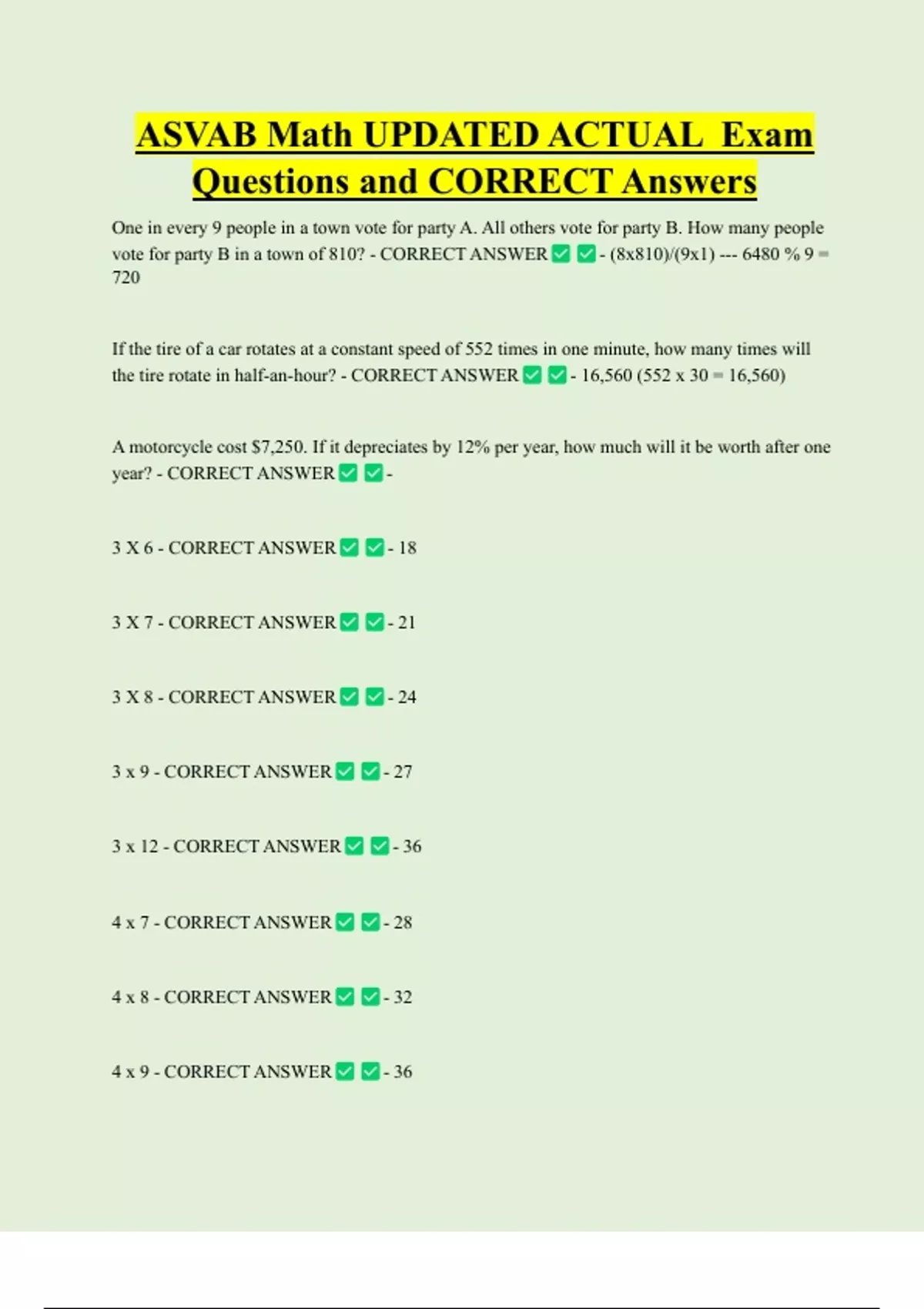 ASVAB Math UPDATED ACTUAL Exam Questions and CORRECT Answers - ASVAB ...