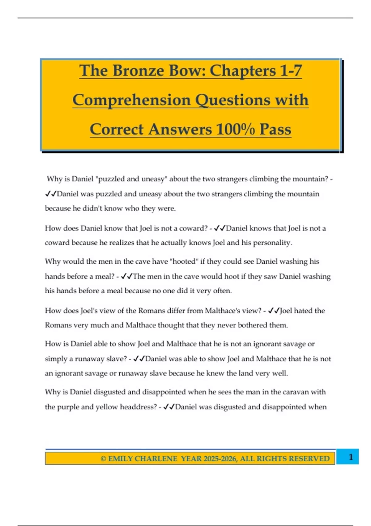 The Bronze Bow: Chapters 1-7 Comprehension Questions with Correct ...