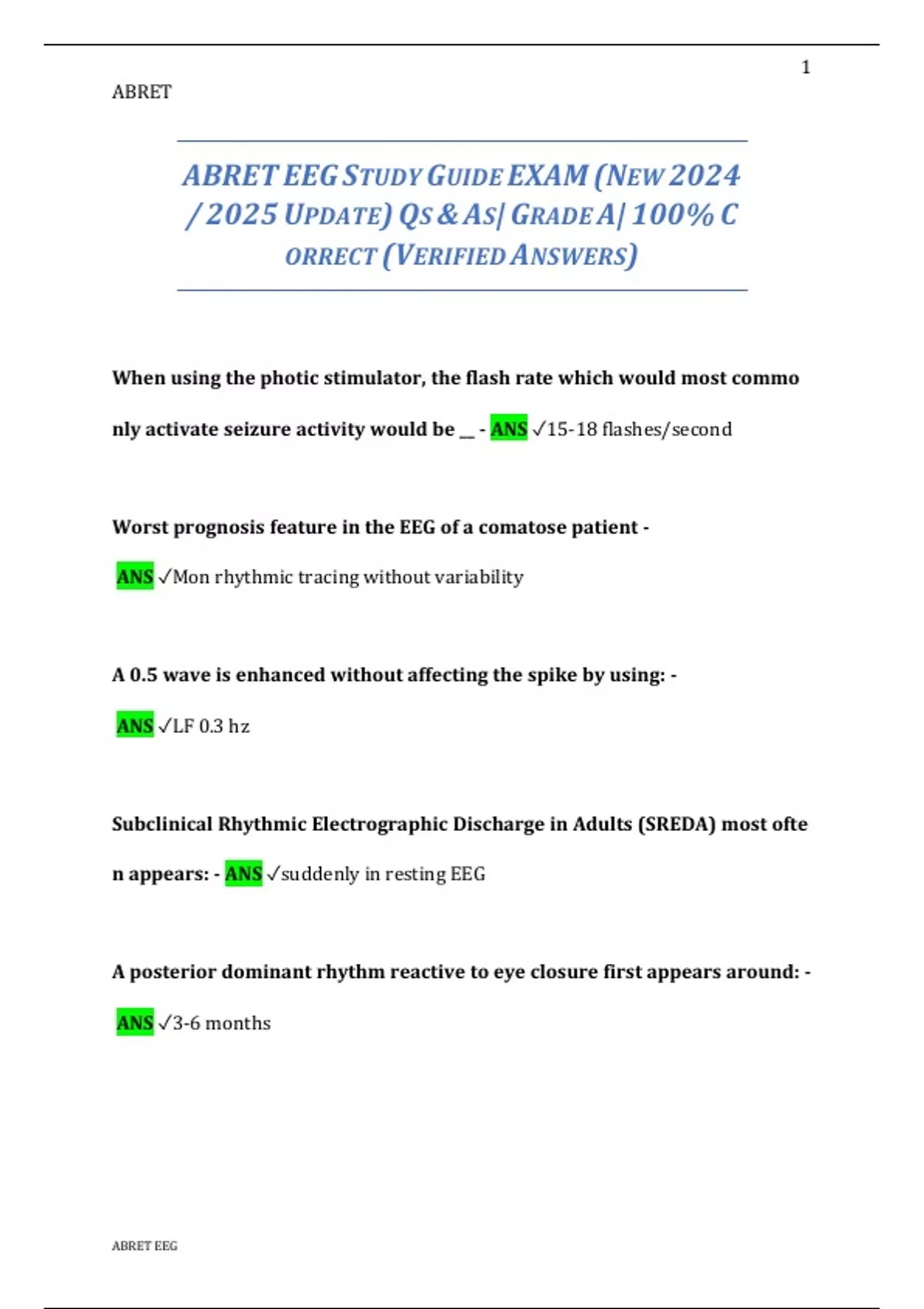 EEG BOARD EXAM 4 LATEST UPDATED VERSIONS (PRACTICE QUESTIONS, TESTBANK ...