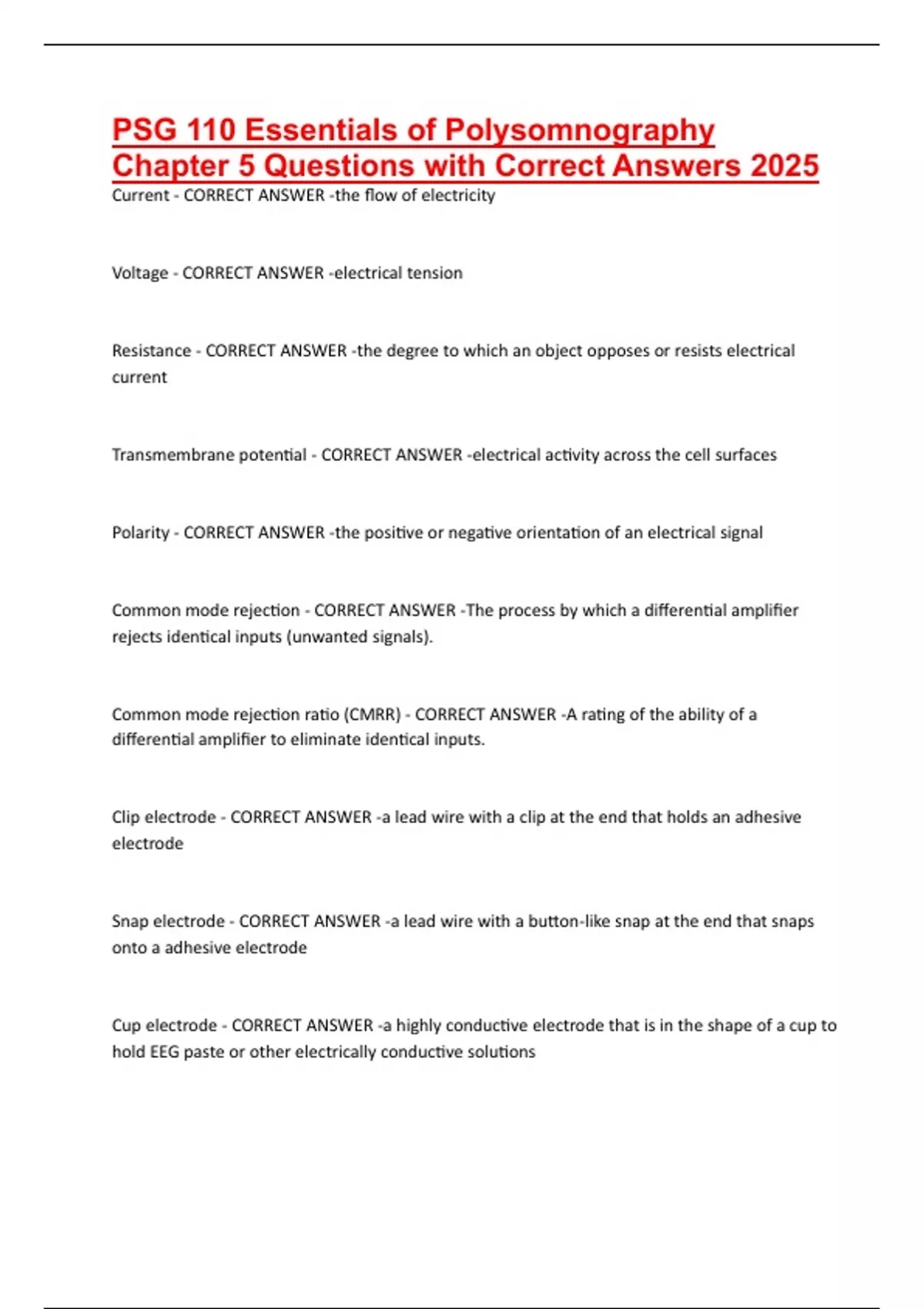 PSG 110 Essentials of Polysomnography Chapter 5 Questions with Correct Answers 2025 - PSG 110 ...
