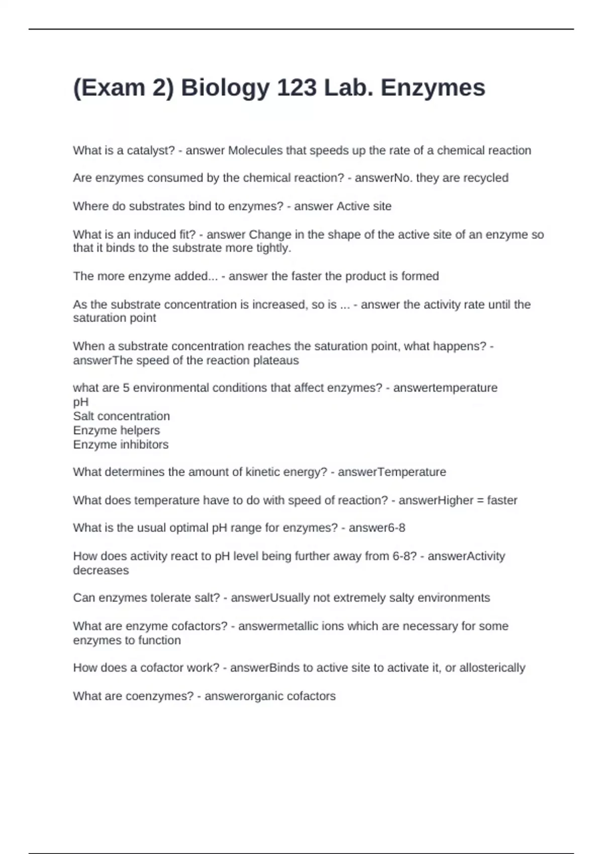 (Exam 2) Biology 123 Lab. Enzymes Questions and Answers 100% Correct - BIO 123 - Stuvia US