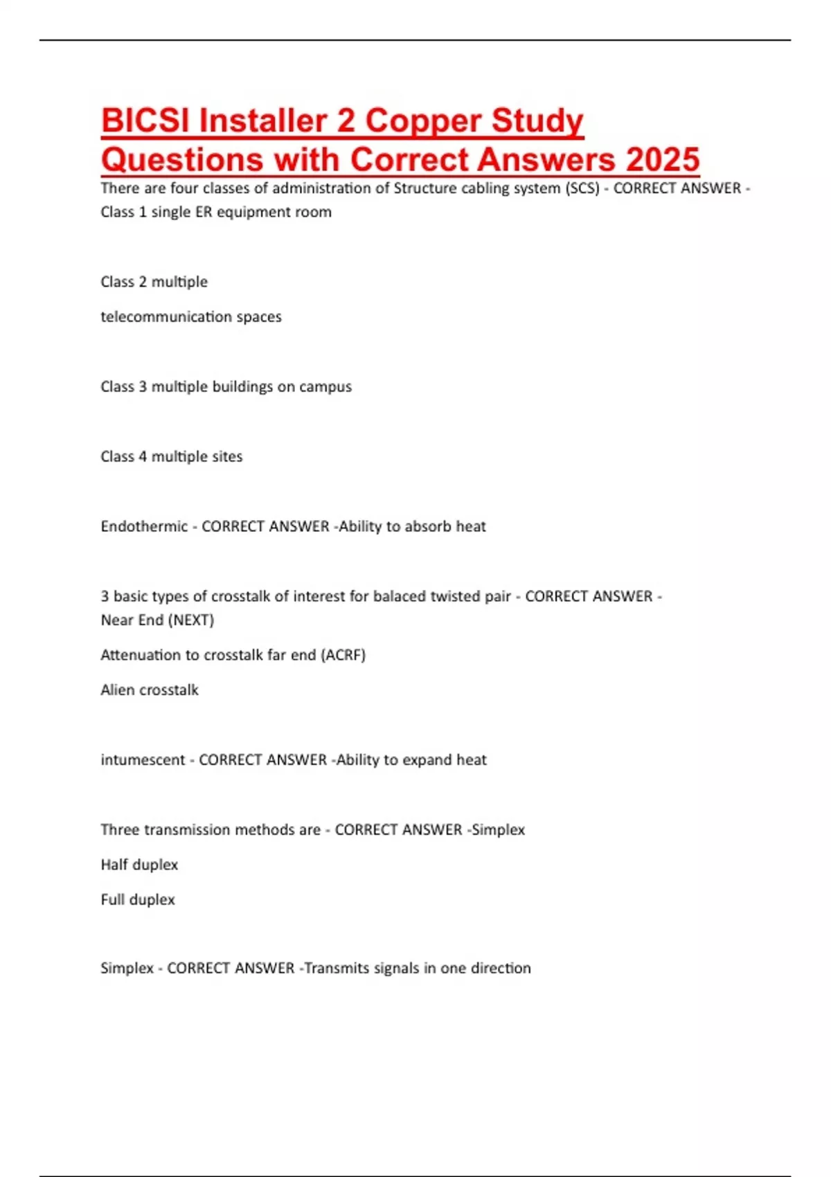 BICSI Installer 2 Copper Study Questions with Correct Answers 2025 - BICSI Installer - Stuvia US