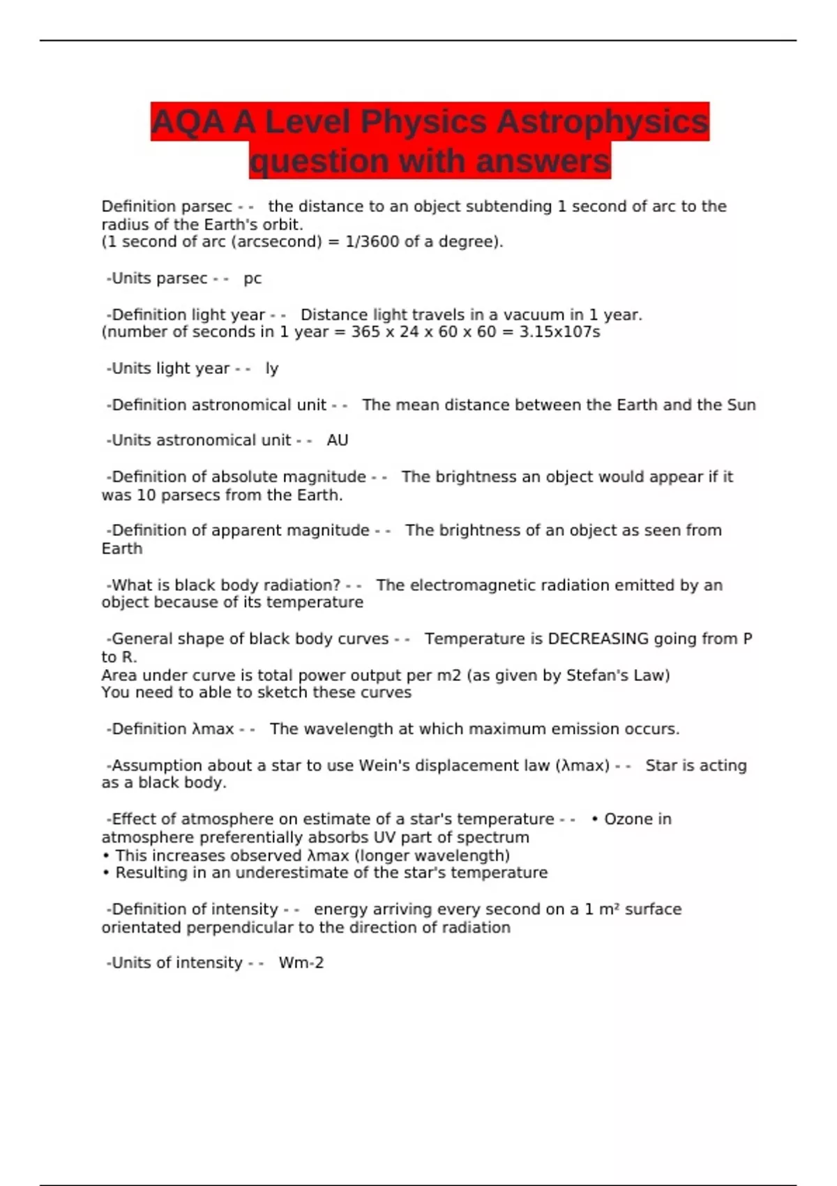 AQA A Level Physics Astrophysics question with answers - AQA A Level ...