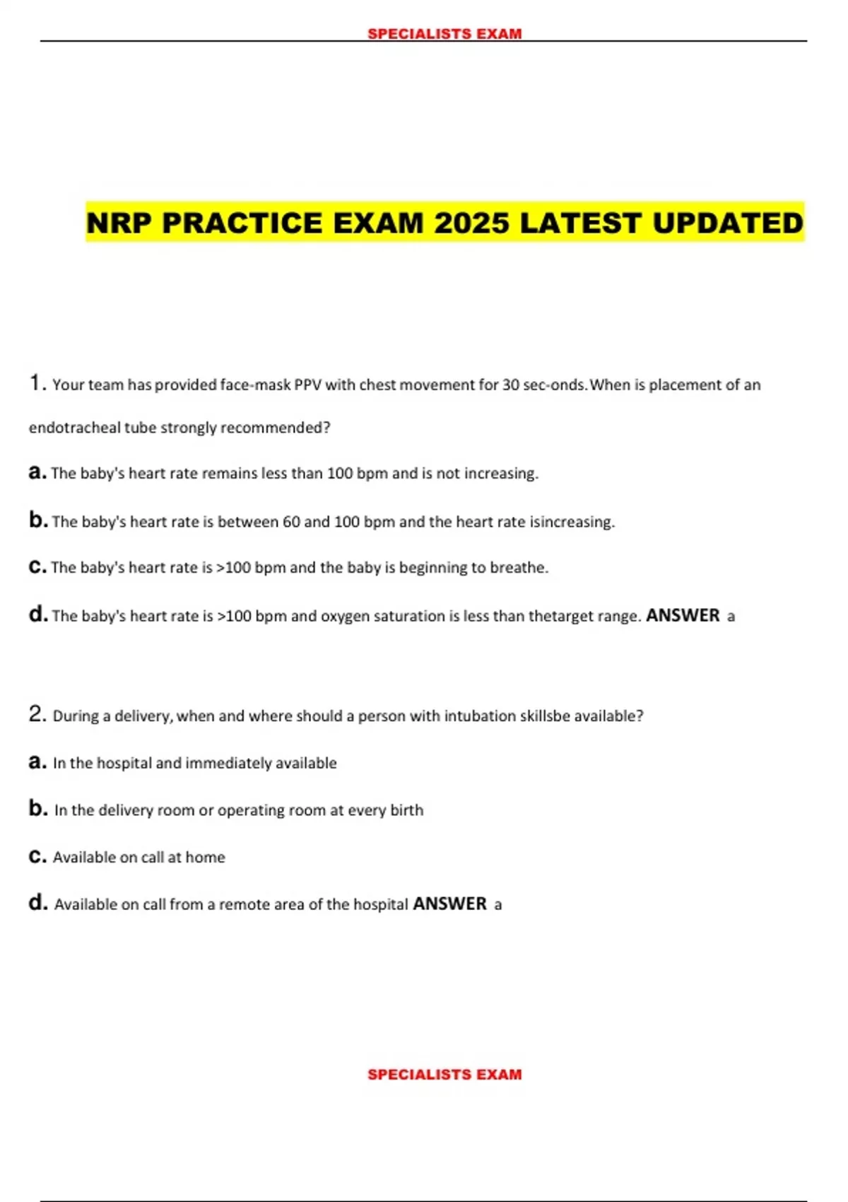 NRP PRACTICE EXAM 2025 LATEST UPDATED - NRP PRACTICE - Stuvia US