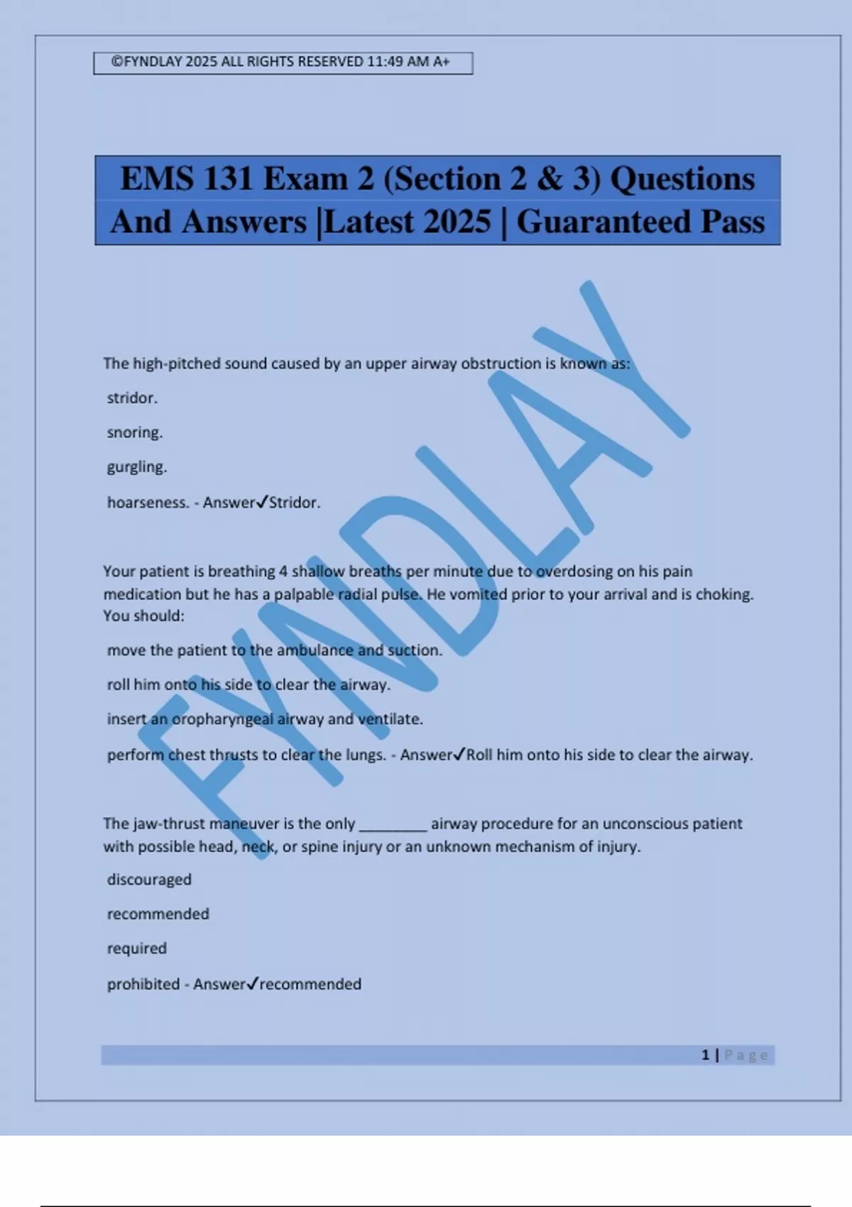 EMS 131 Exam 2 (Section 2 & 3) Questions And Answers |Latest 2025 ...