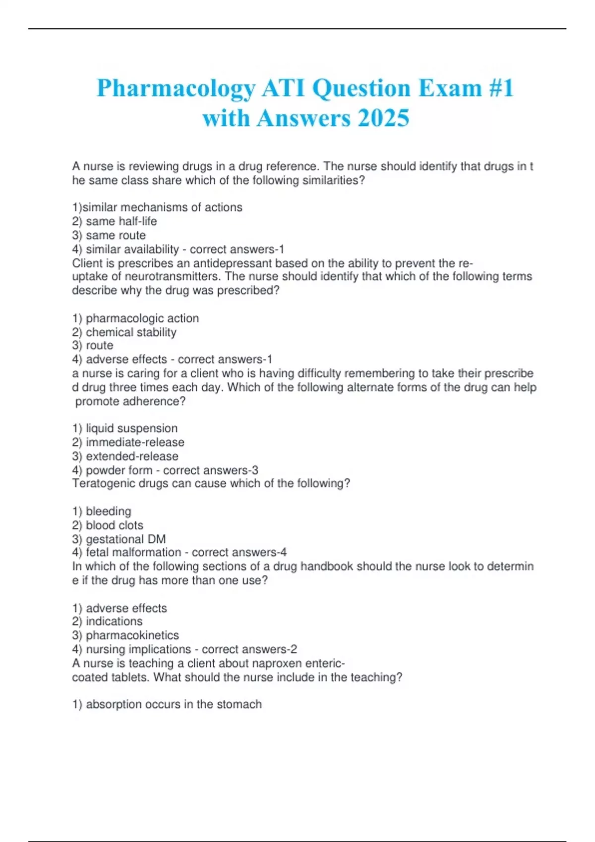 Pharmacology ATI Question Exam -1 with Answers 2025 - Pharmacology ...
