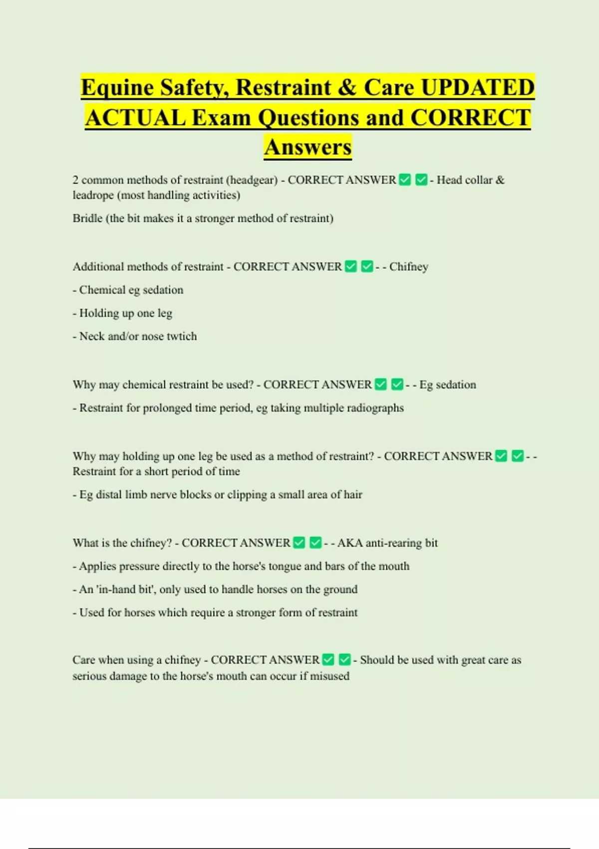 Equine Safety, Restraint & Care UPDATED ACTUAL Exam Questions and ...