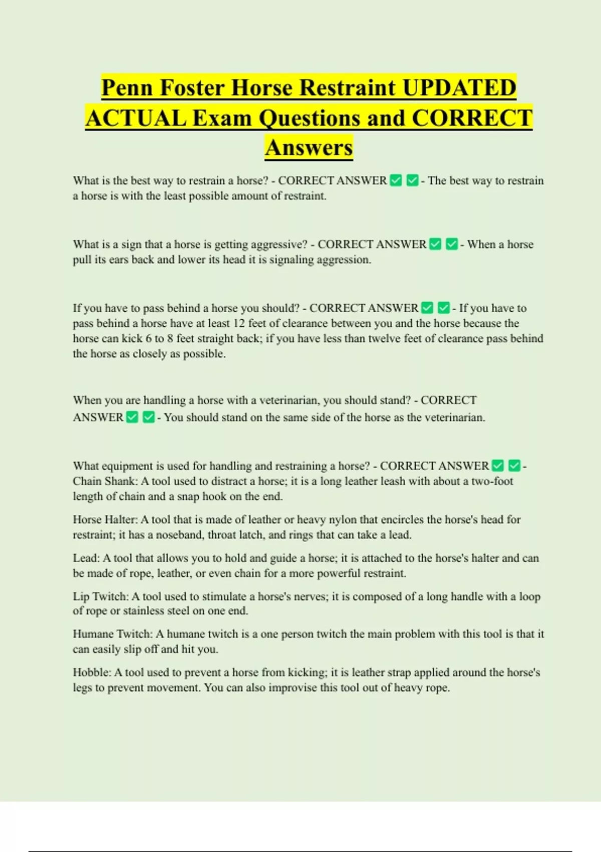 Penn Foster Horse Restraint UPDATED ACTUAL Exam Questions and CORRECT ...