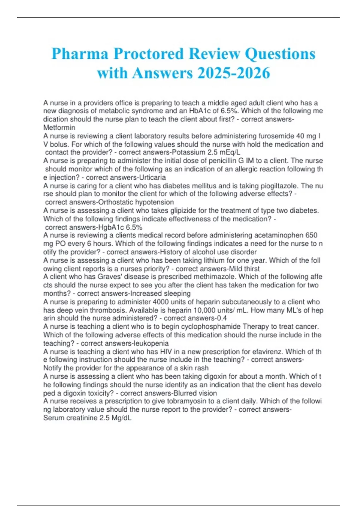 Pharma Proctored Review Questions with Answers - Pharmacology - Stuvia US