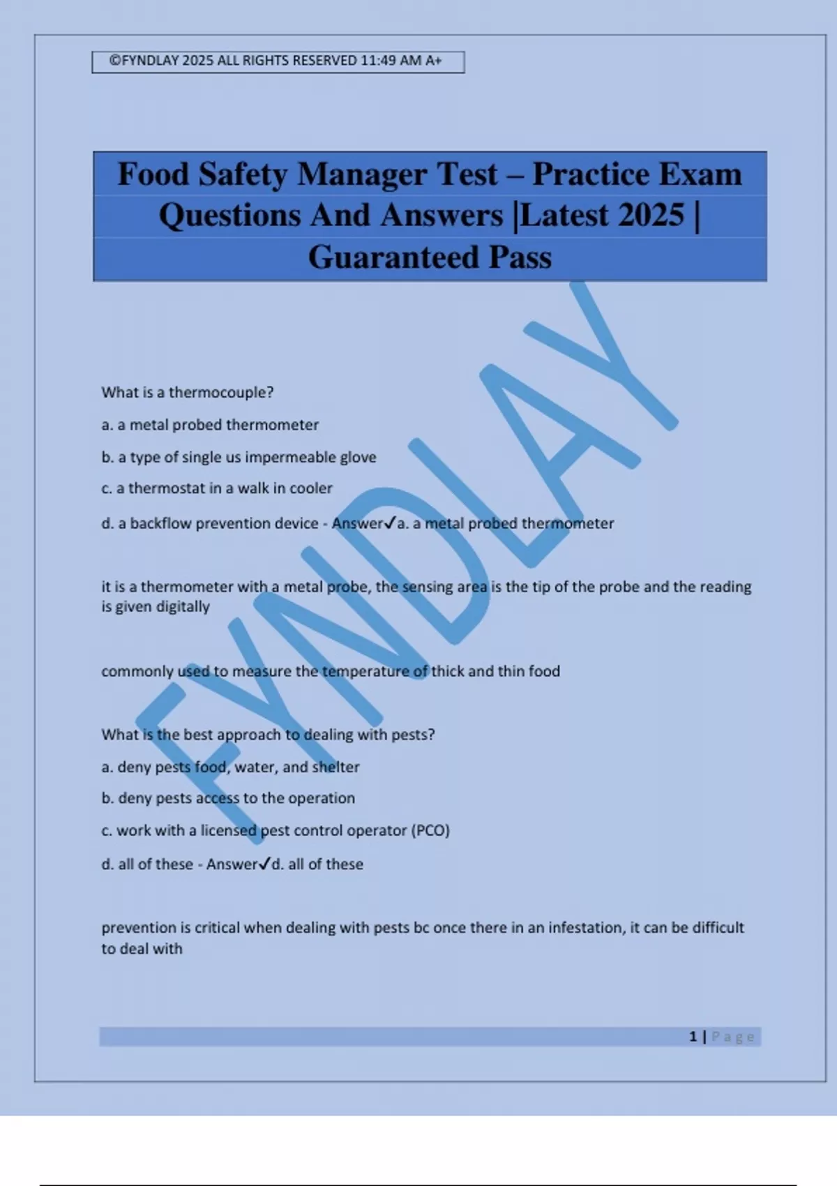 Food Safety Manager Test – Practice Exam Questions And Answers |Latest ...