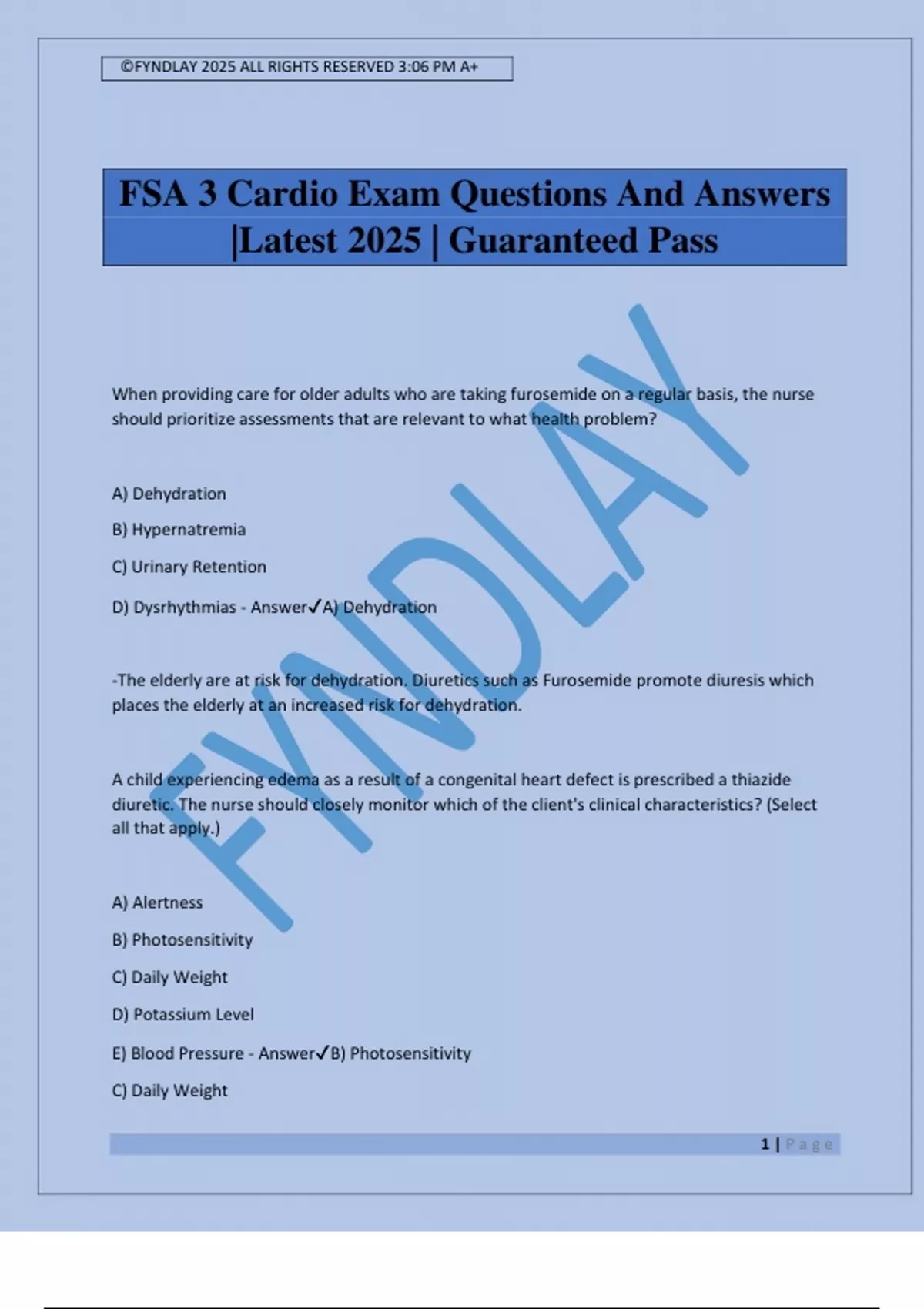 FSA 3 Cardio Exam Questions And Answers |Latest 2025 | Guaranteed Pass ...