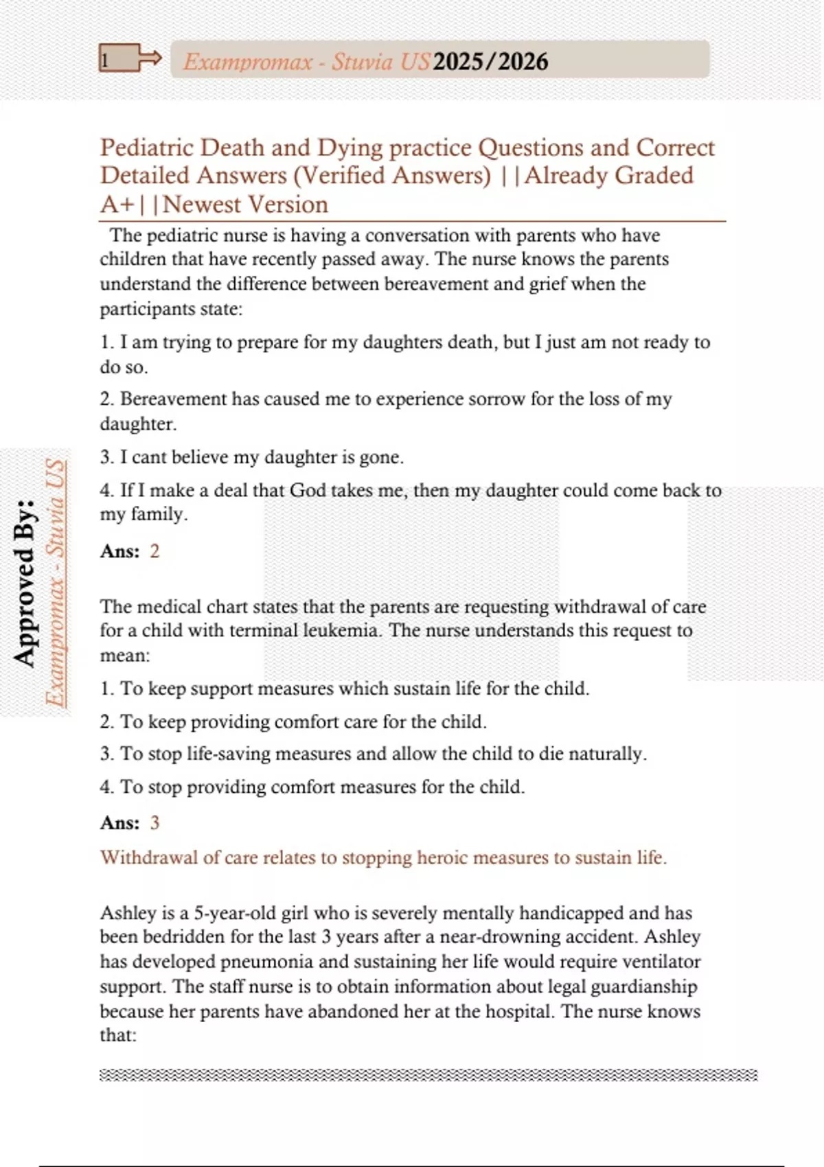 Pediatric Death and Dying practice Questions and Correct Detailed Answers (Verified Answers ...