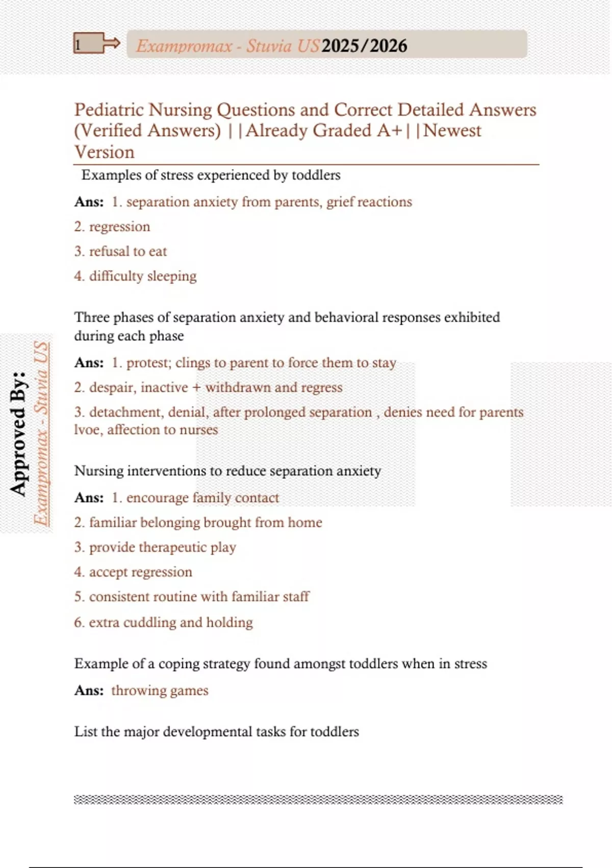 Pediatric Nursing Questions and Correct Detailed Answers (Verified ...