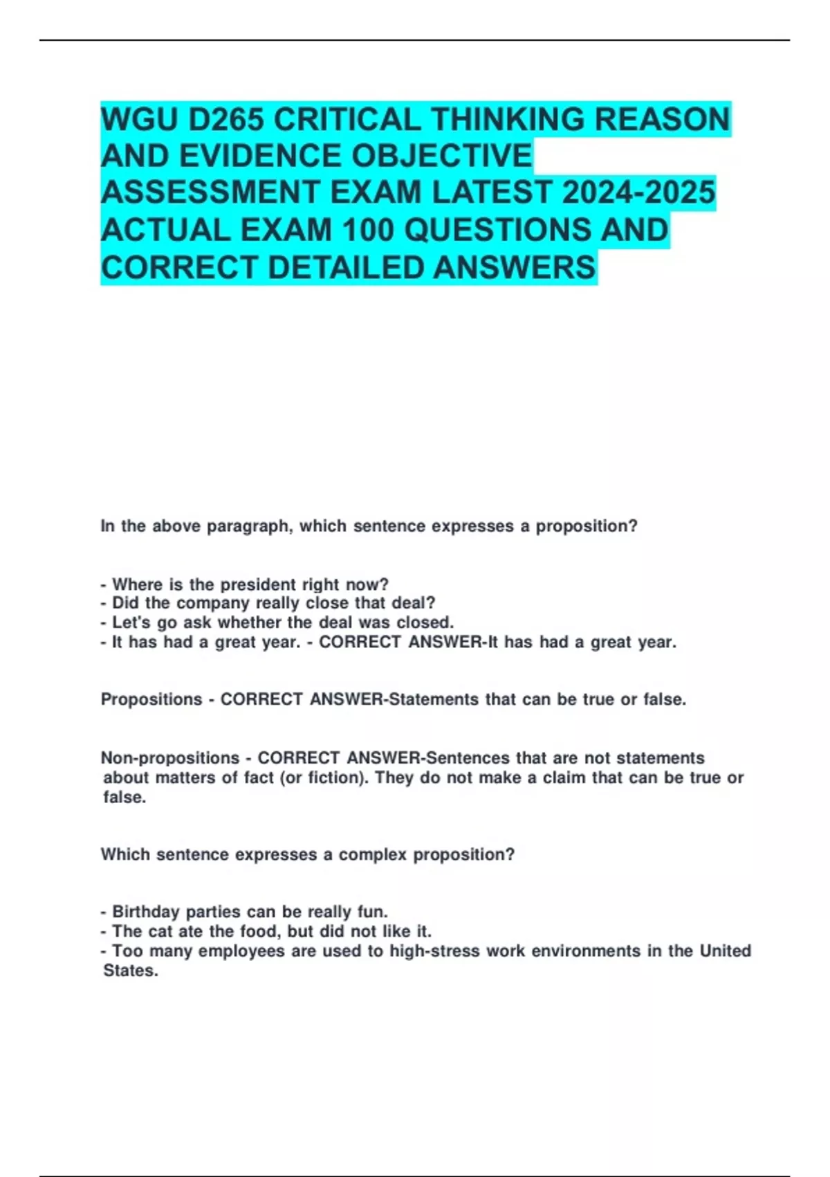 WGU D265 CRITICAL THINKING REASON AND EVIDENCE OBJECTIVE ASSESSMENT ...